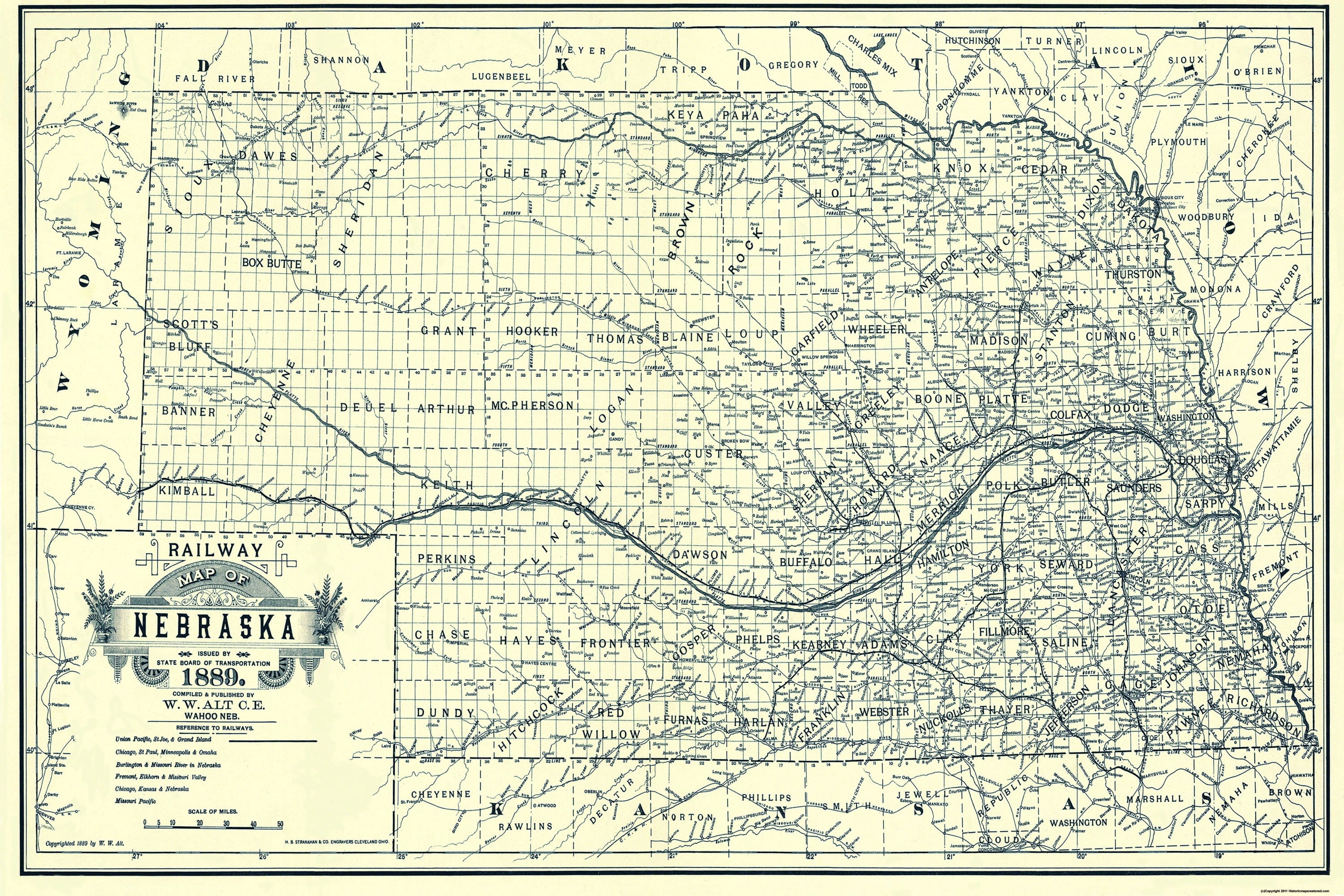 Railroad Map - Nebraska Railway - Alt 1889 - 34.5 x 23 - Vintage Wall ...