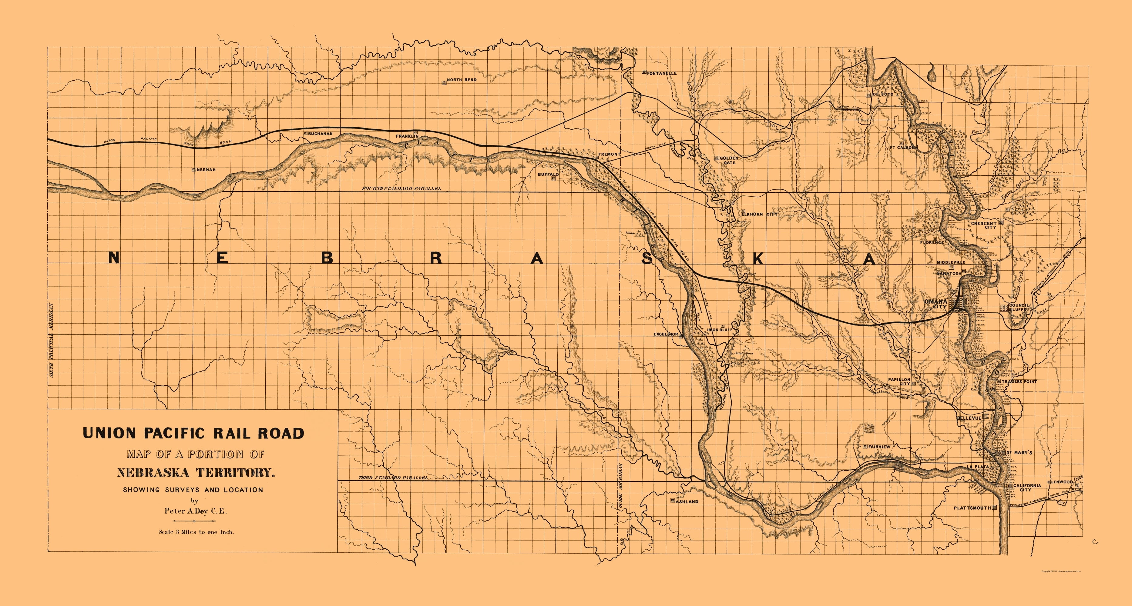Railroad Map - Nebraska Union Pacific Railroad - Dey 1865 - 23 x 42 ...