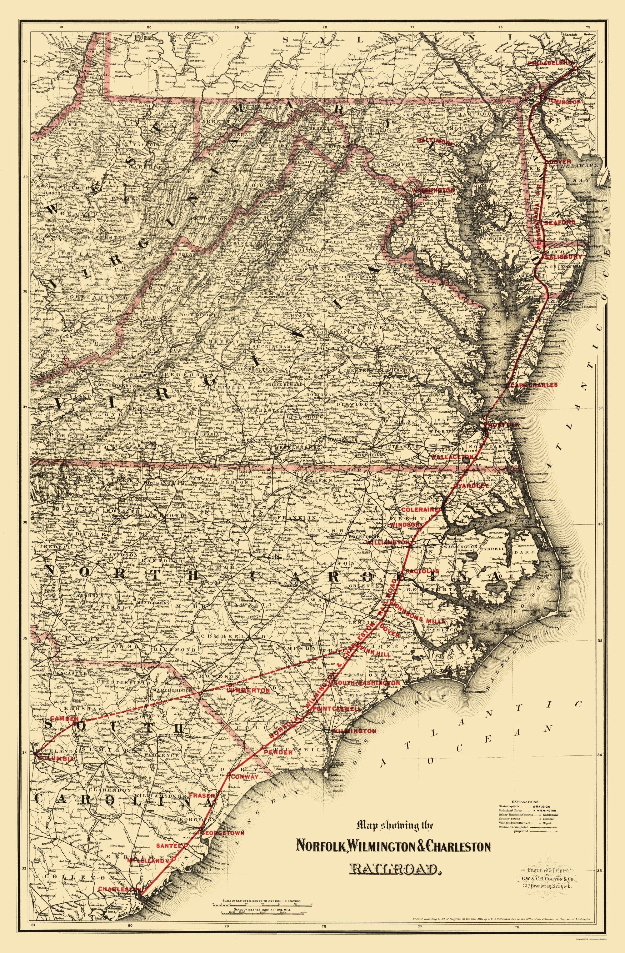 Railroad Map - Norfolk Wilmington and Charleston Railroad - Colton 1891 ...