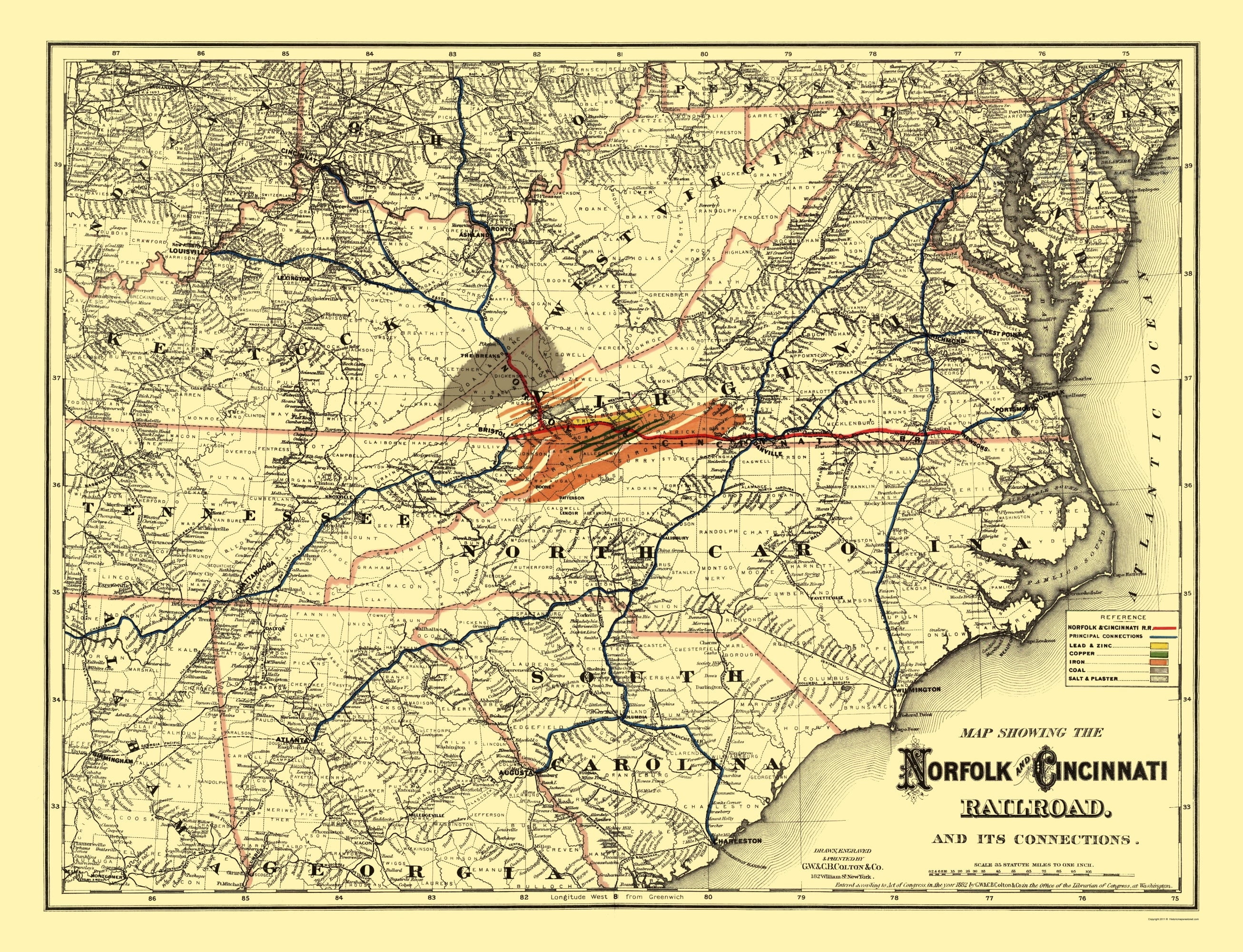 Railroad Map - Norfolk and Cincinnati Railroad - Colton 1882 - 23 x 30.04 - Vintage Wall Art ...