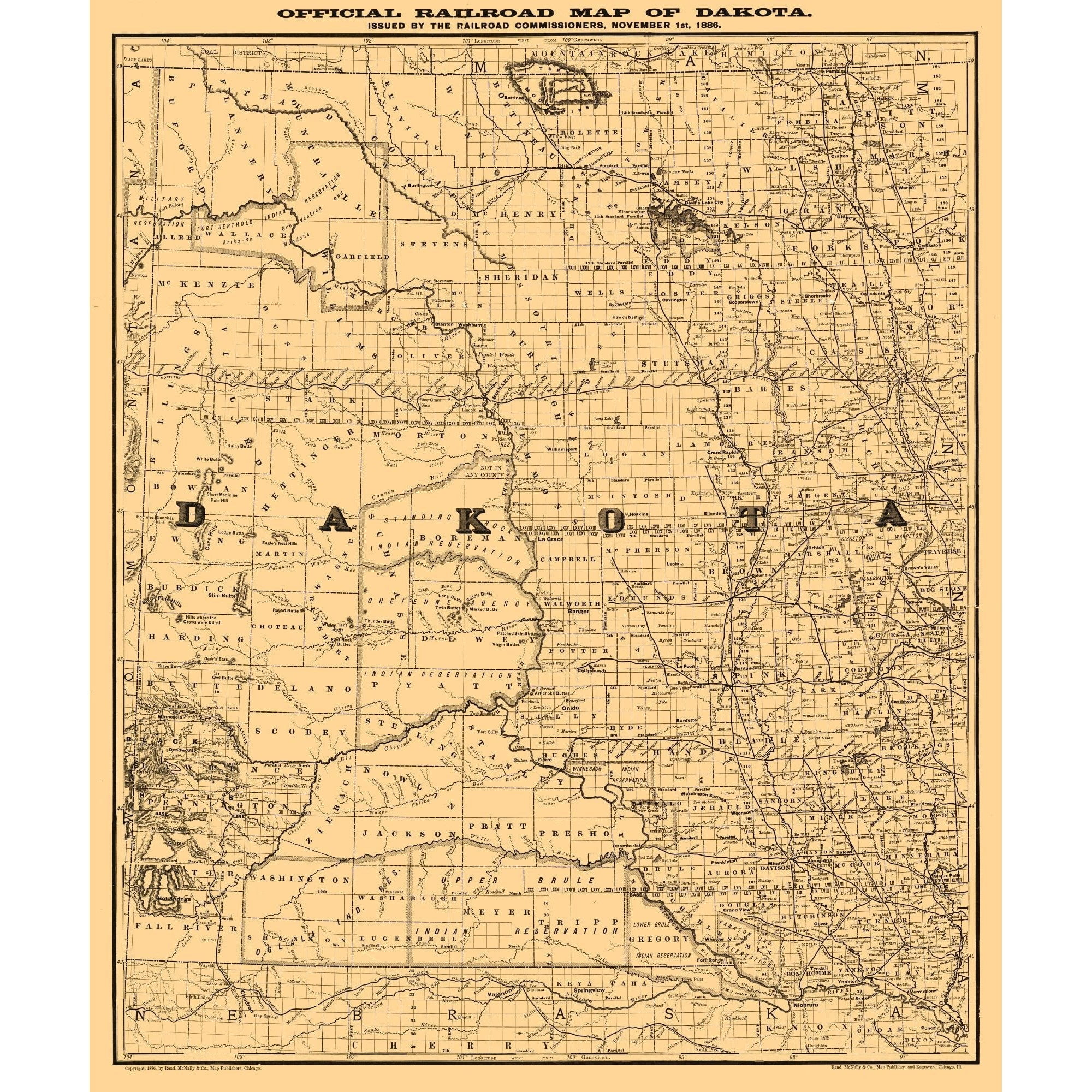 Railroad Map - North Dakota South Dakota -Rand McNally 1886 - 23 x 27. ...