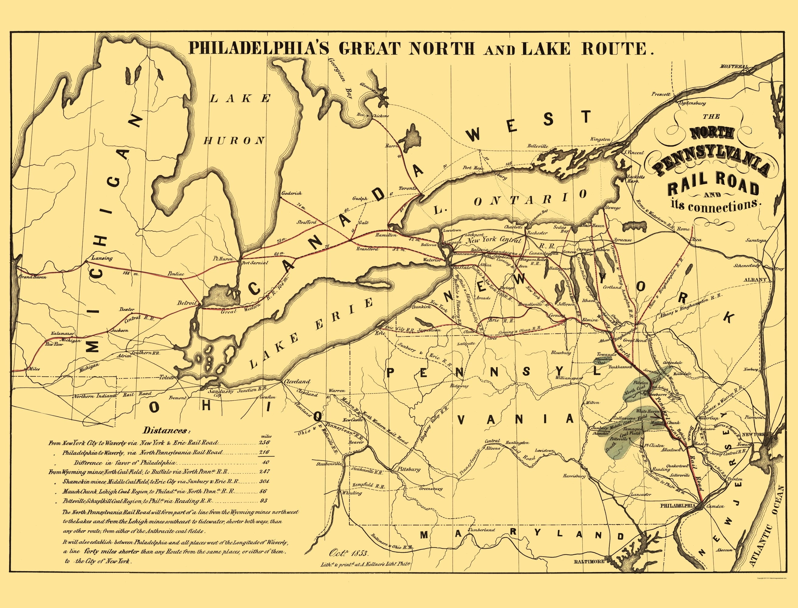 Railroad Map - North Pennsylvania Railroad - Kollner 1853 - 23 x 30.17 ...