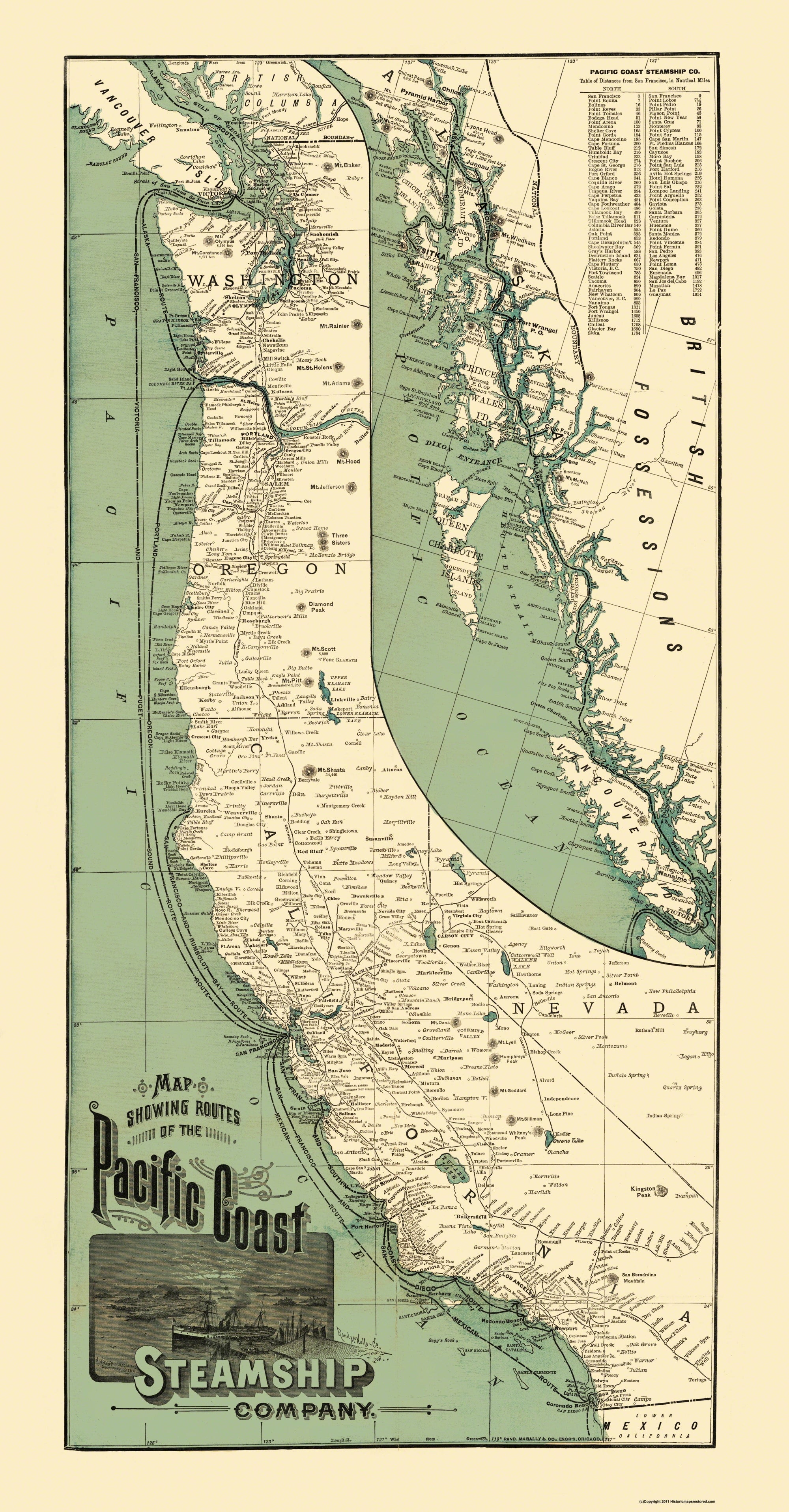Railroad Map - Pacific Coast Steamship Company Routes - Rand McNally ...