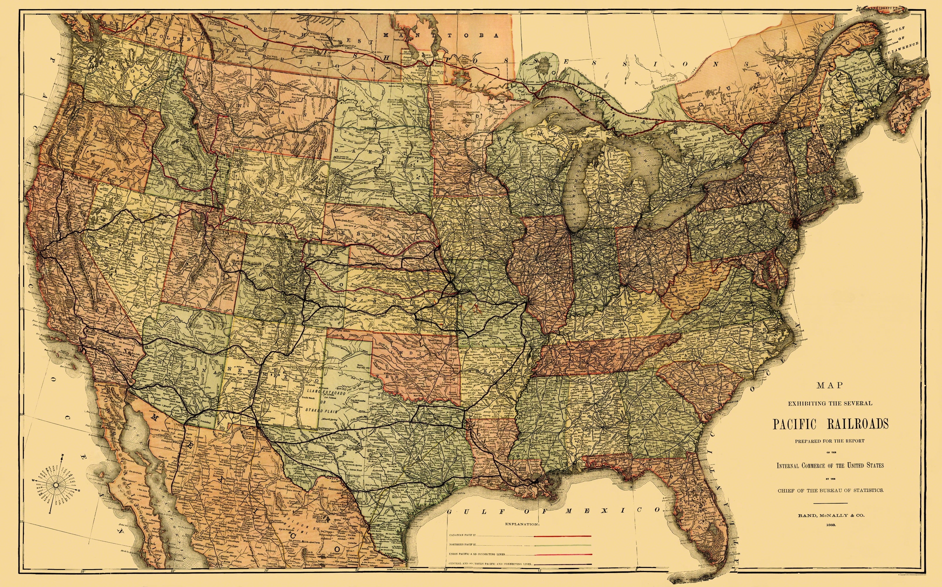 Railroad Map - Pacific Railroads - Rand McNally 1883 - 36.94 x 23 ...