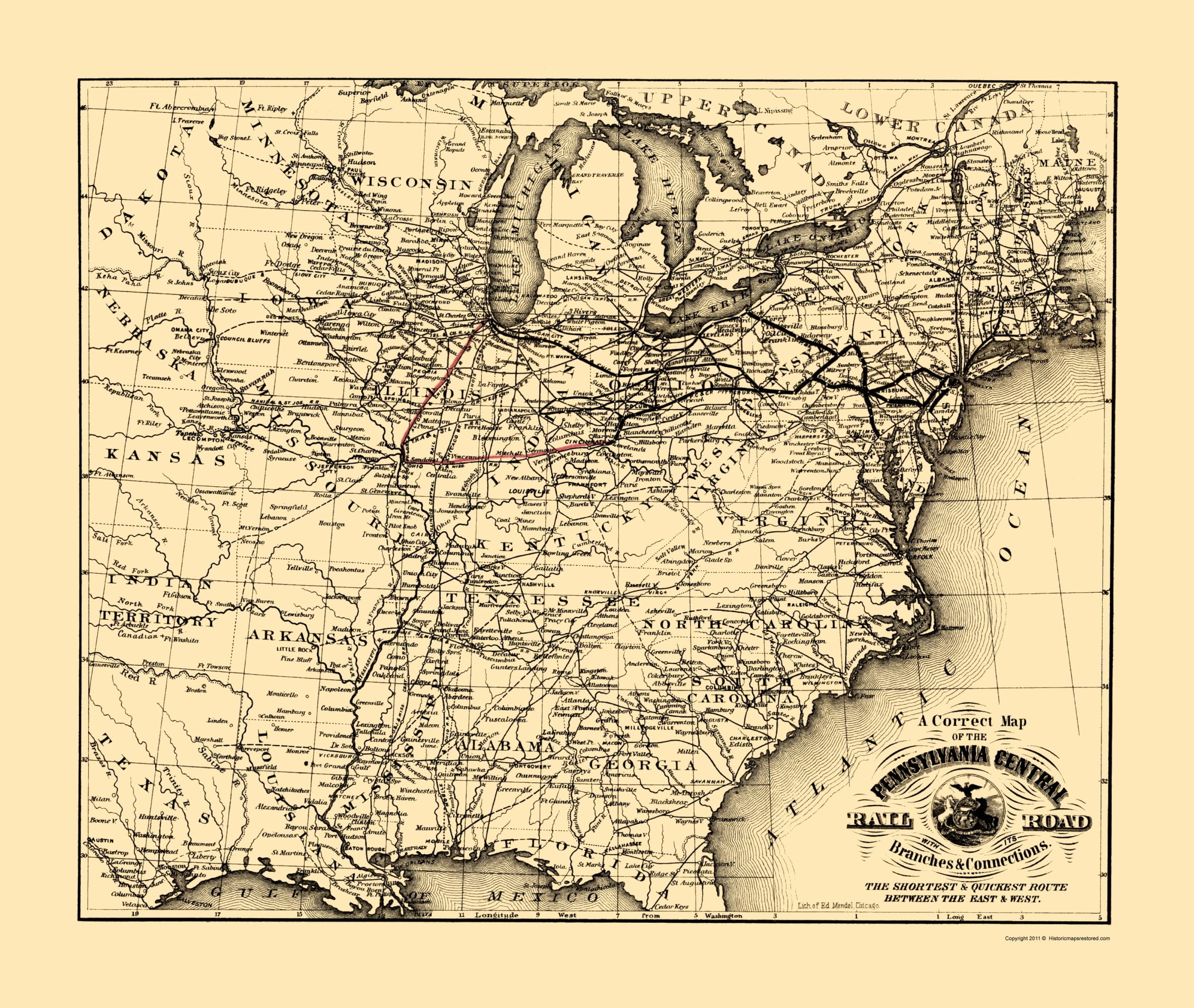 Railroad Map - Pennsylvania Central Railroad - Mendel 1854 - 23 x 27.26 ...