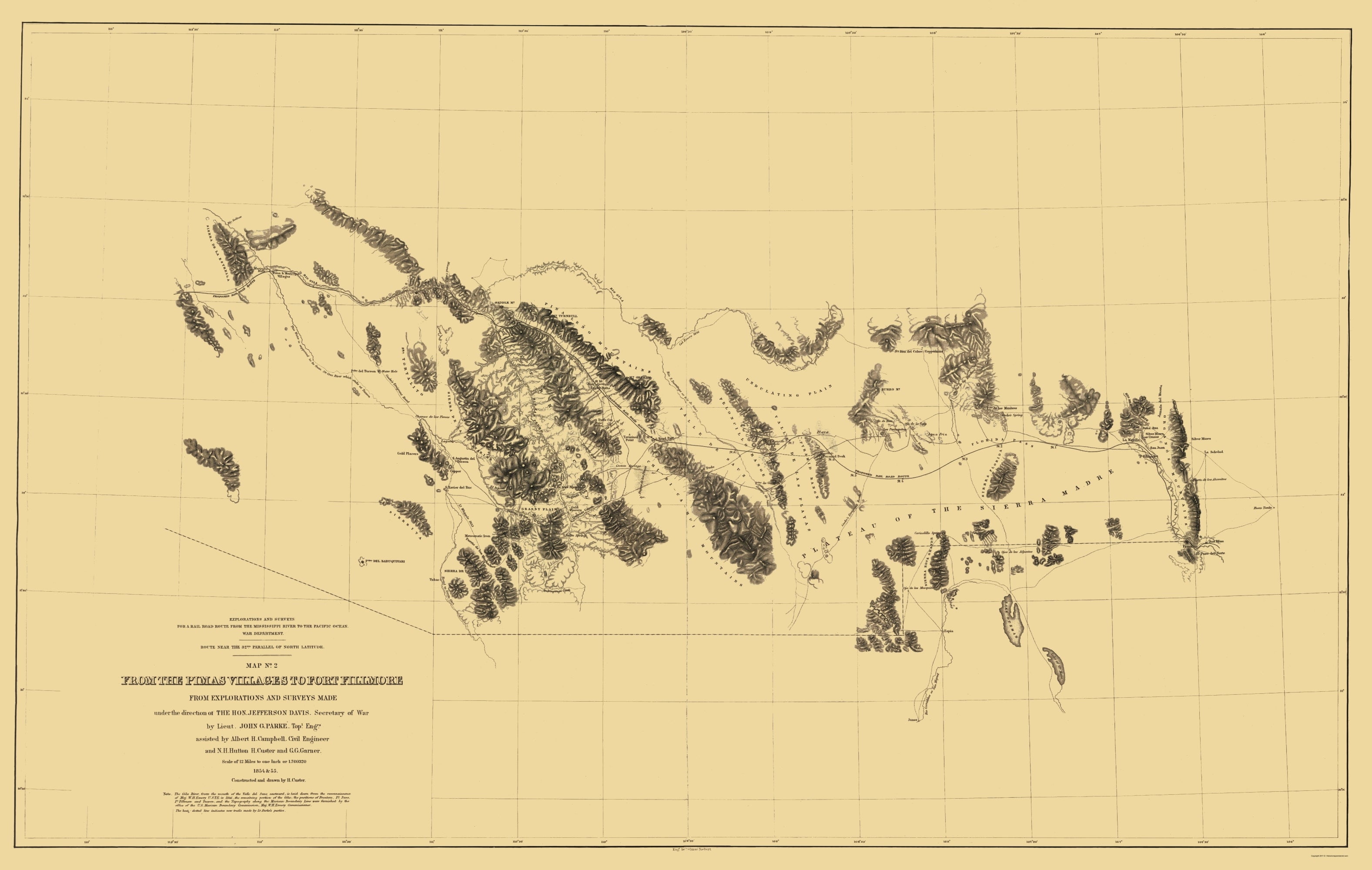Railroad Map - Pimas Villages Fort Fillmore Route - Parke 1855 - 23 x ...