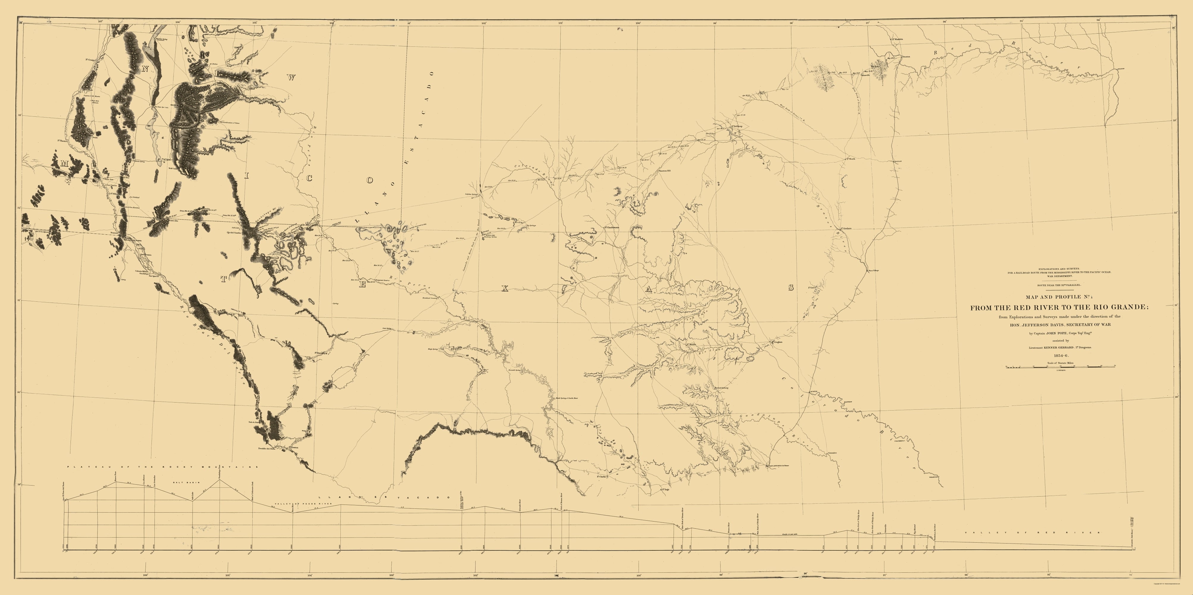 Railroad Map - Red River Rio Grande Railroad Route - Davis 1846 - 23 x ...