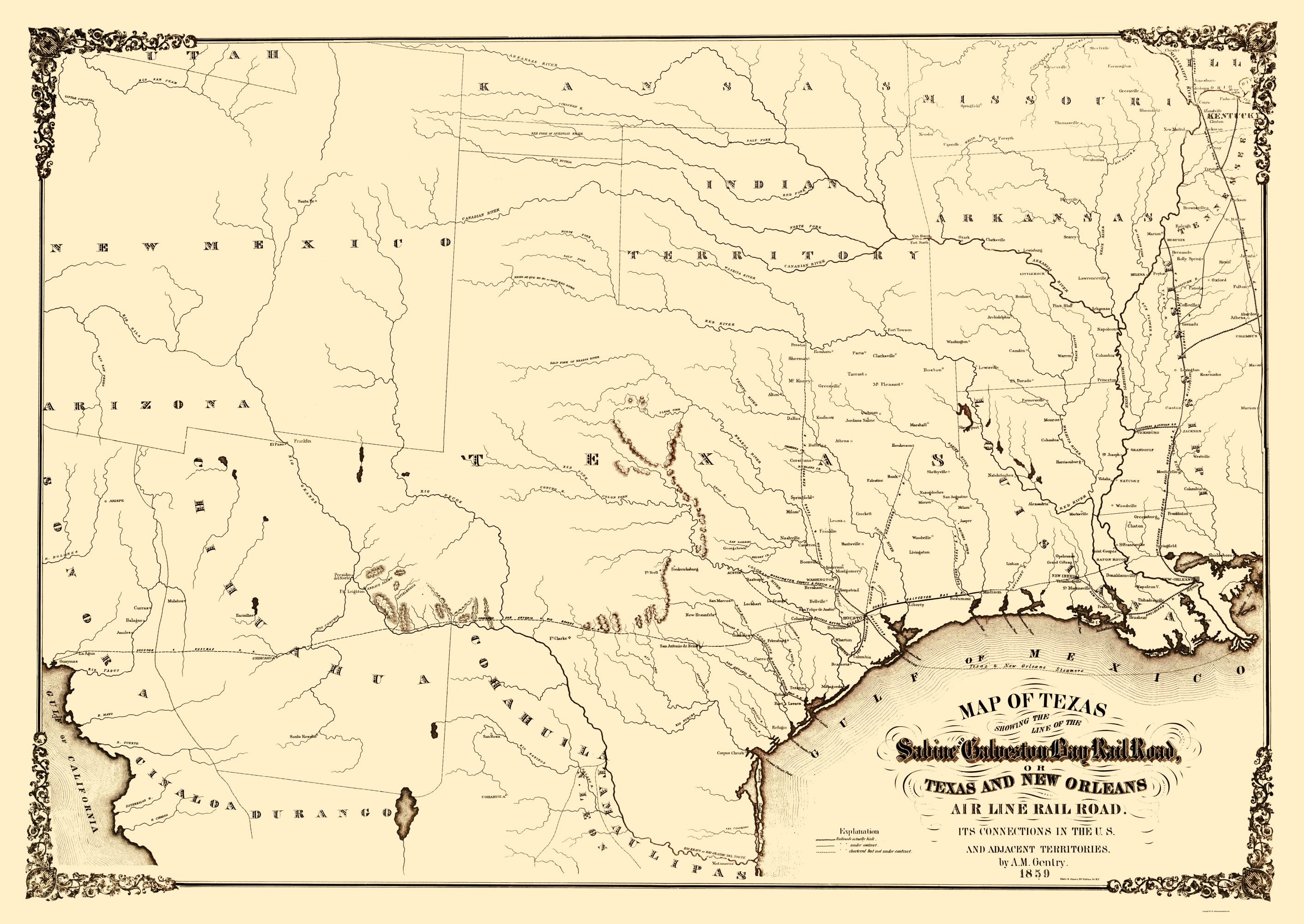 Railroad Map - Sabine and Galveston Bay Railroad - Gentry 1859 - 23 x ...