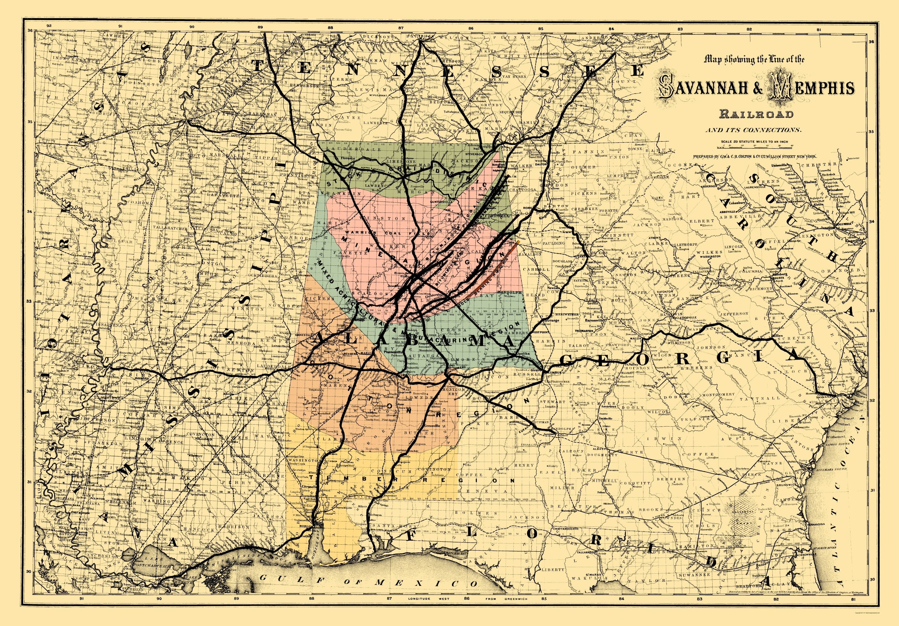 Railroad Map - Savannah and Memphis Railroad - Colton 1872 - 23 x 33.05 ...