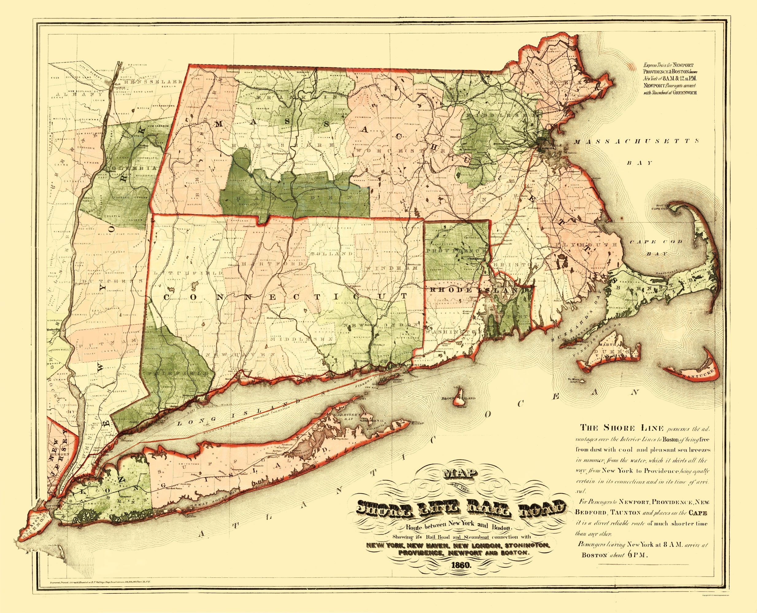 Railroad Map - Shoreline Railroad Route - Walling 1860 - 23 x 28.37 ...