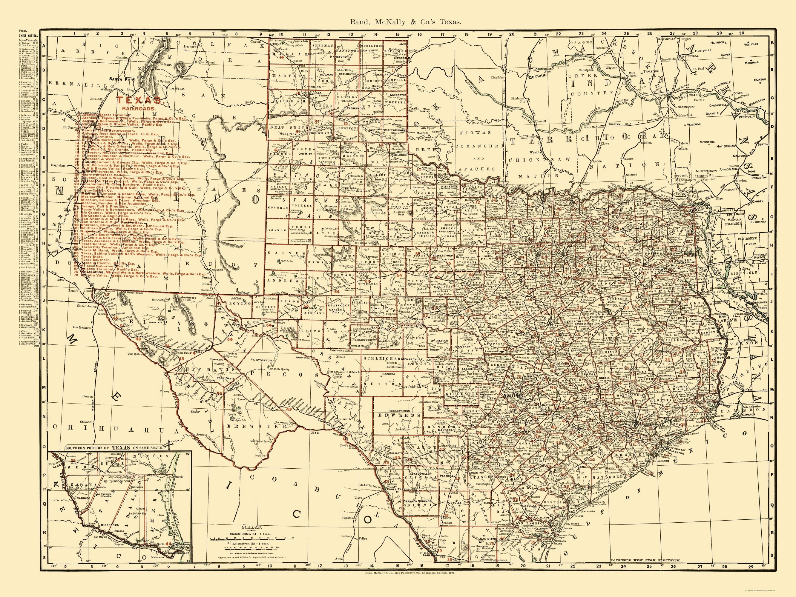 Railroad Map - Texas State Railroads - Rand McNally 1900 - 23 x 30.65 ...