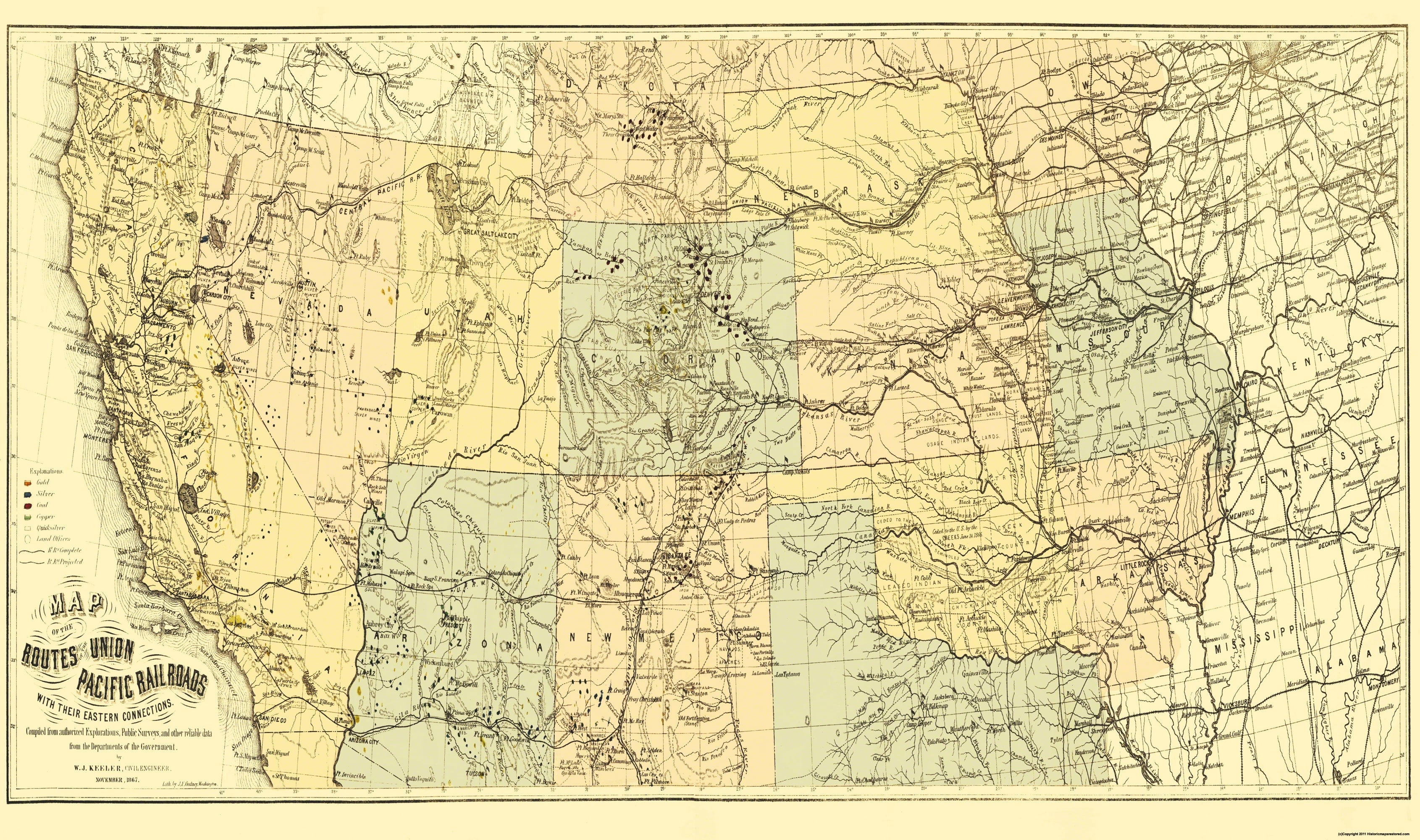Railroad Map - Union Pacific Eastern Connections - Keeler 1867 - 38 x ...