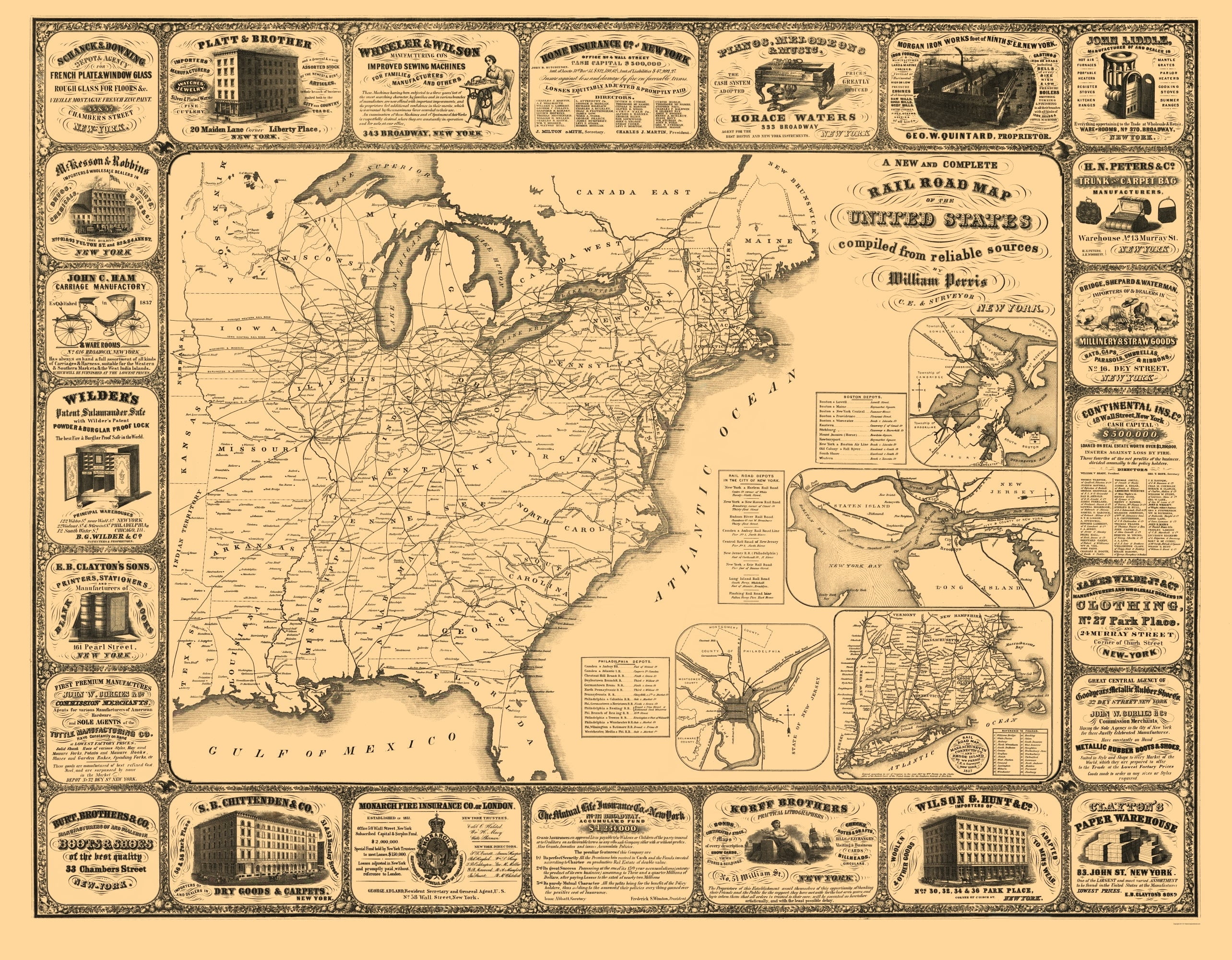Railroad Map - United States Railroads - Perris 1857 - Vintage Wall Art ...