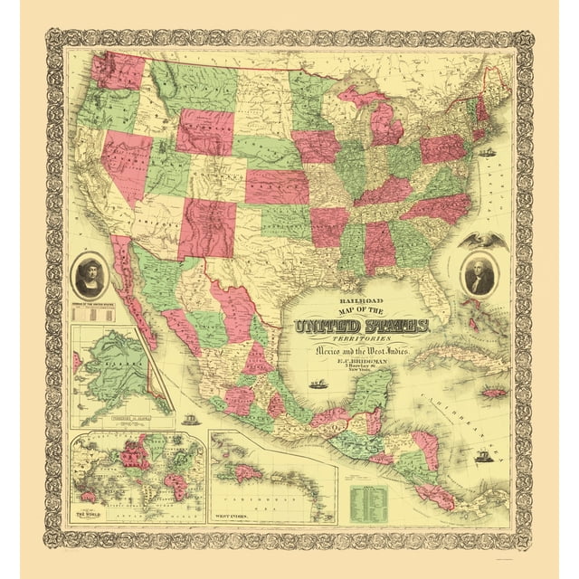 Railroad Map - United States Territories Mexico Caribbean - Bridgman ...