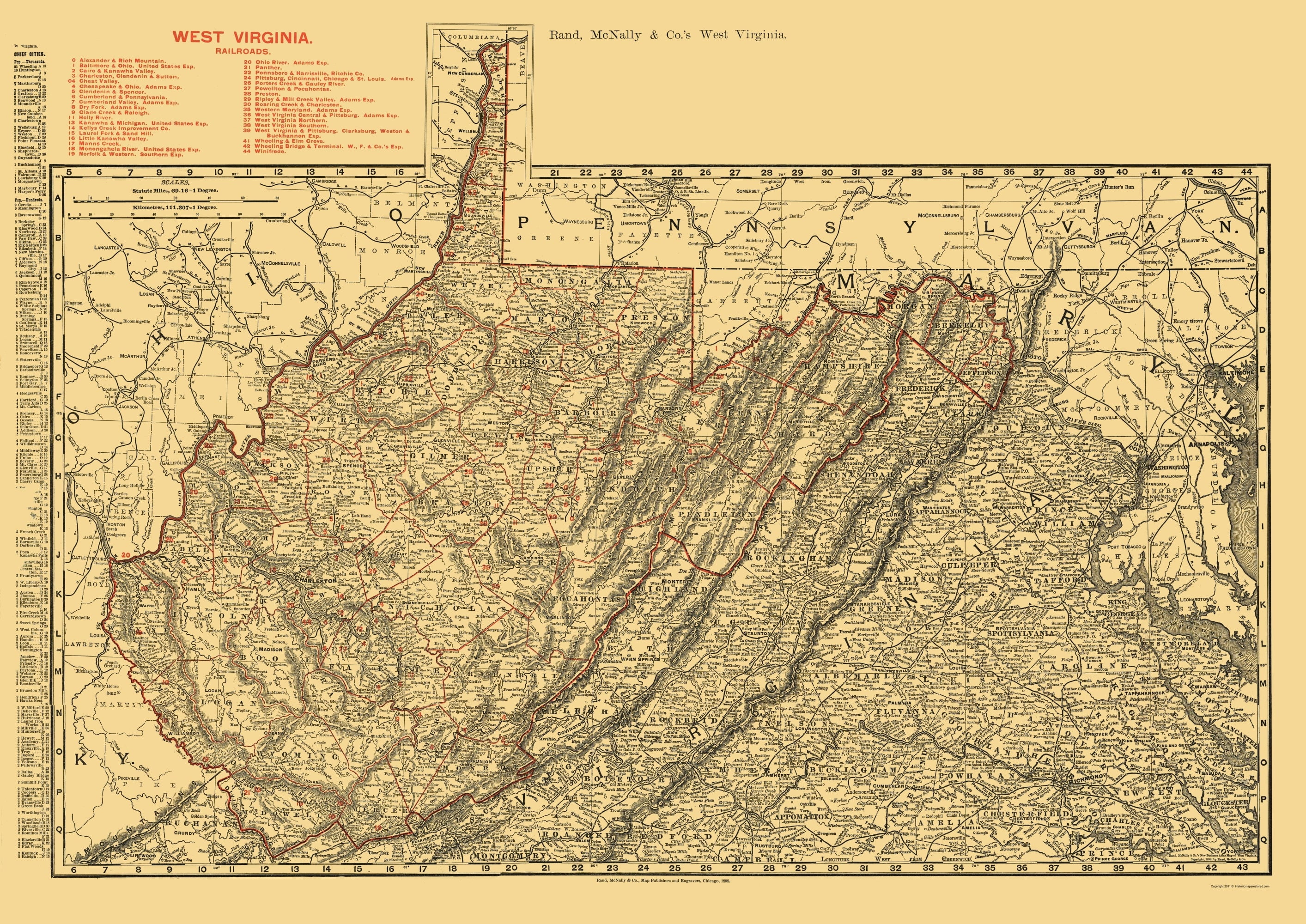 Railroad Map - West Virginia Railroads - Rand McNally 1898 - 23 x 32.51 ...