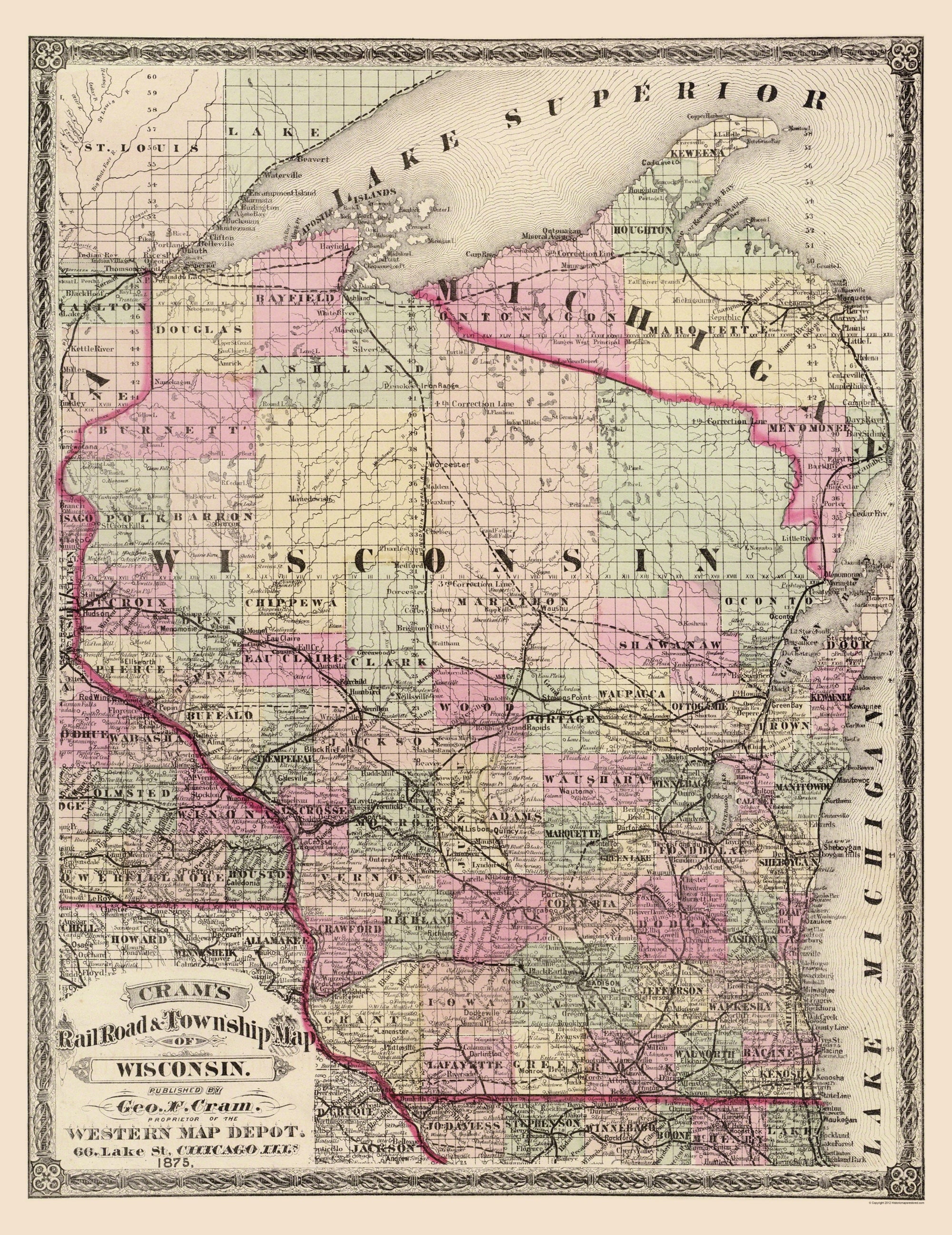 Railroad Map - Wisconsin Railroads and Townships - Cram 1875 - 23 x 29. ...