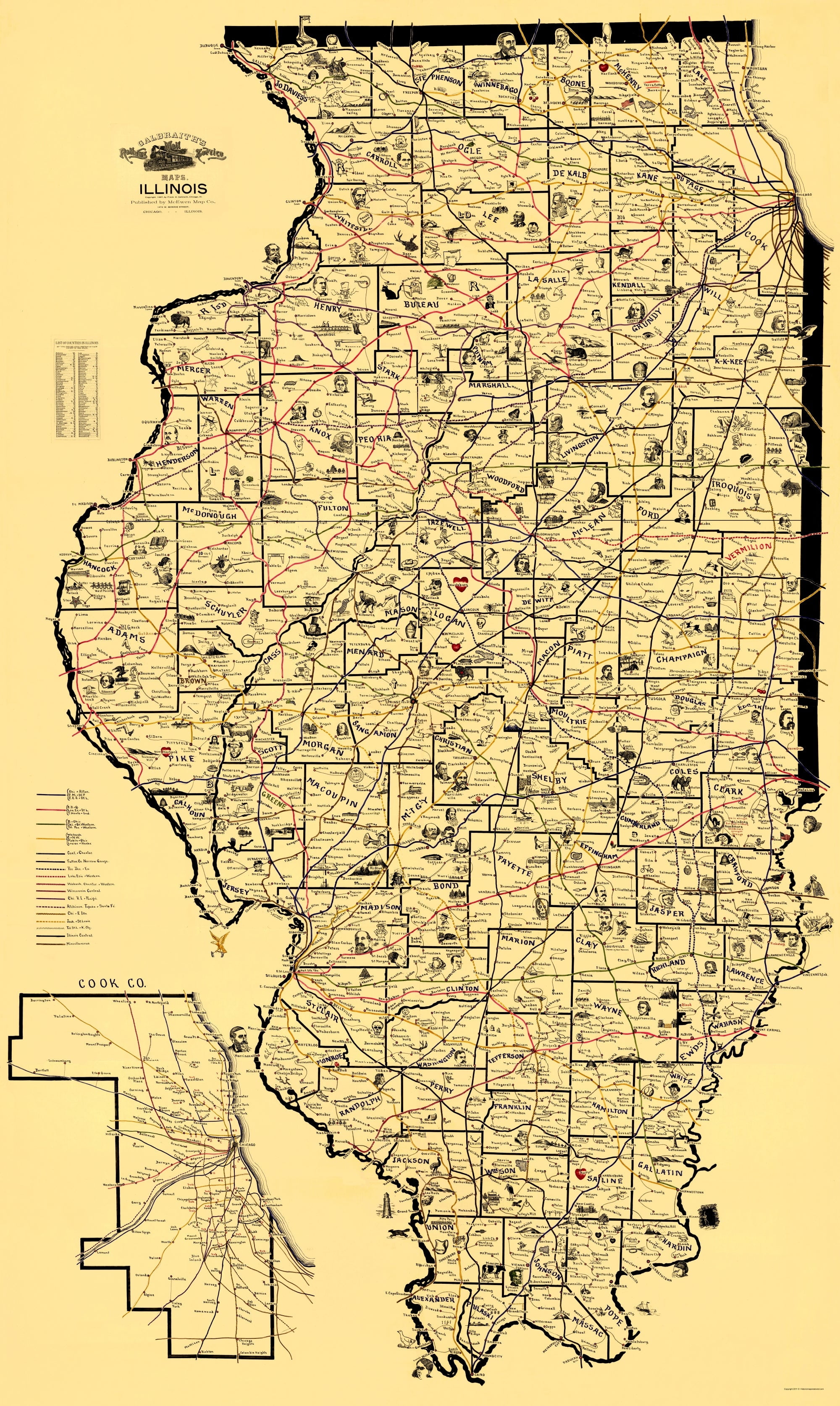 Railroad Map - Railroad Routes Illinois - McEwen 1897 - 23 x 38.51 ...