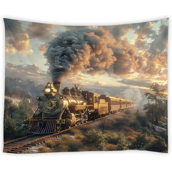 Railway Train Track Wall Tapestry Rustic Steam Engine Design Polyester ...