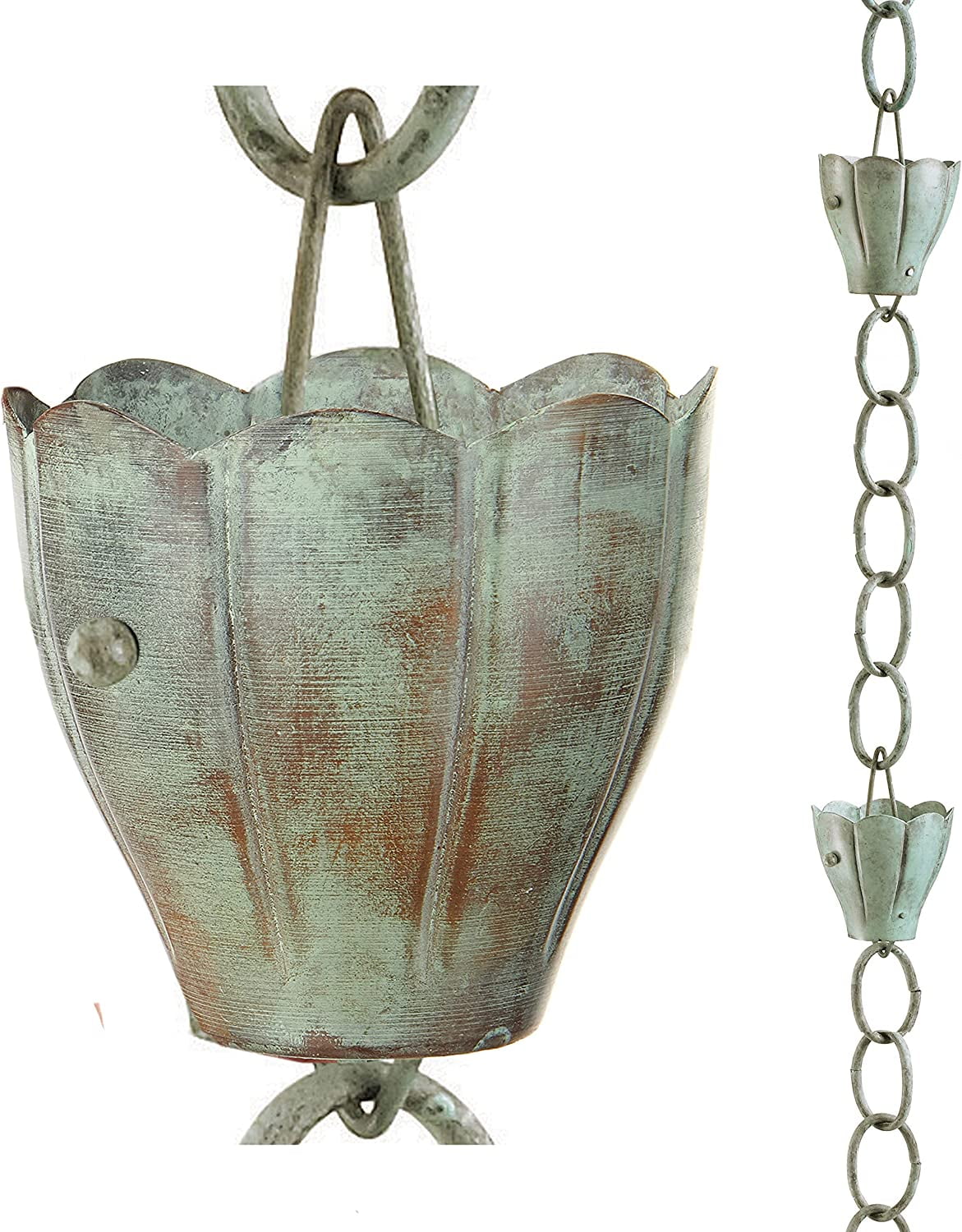 Rain Chain, 8-1/2 Feet Long, Large Cups, 100% Blue Verde Pure Copper ...