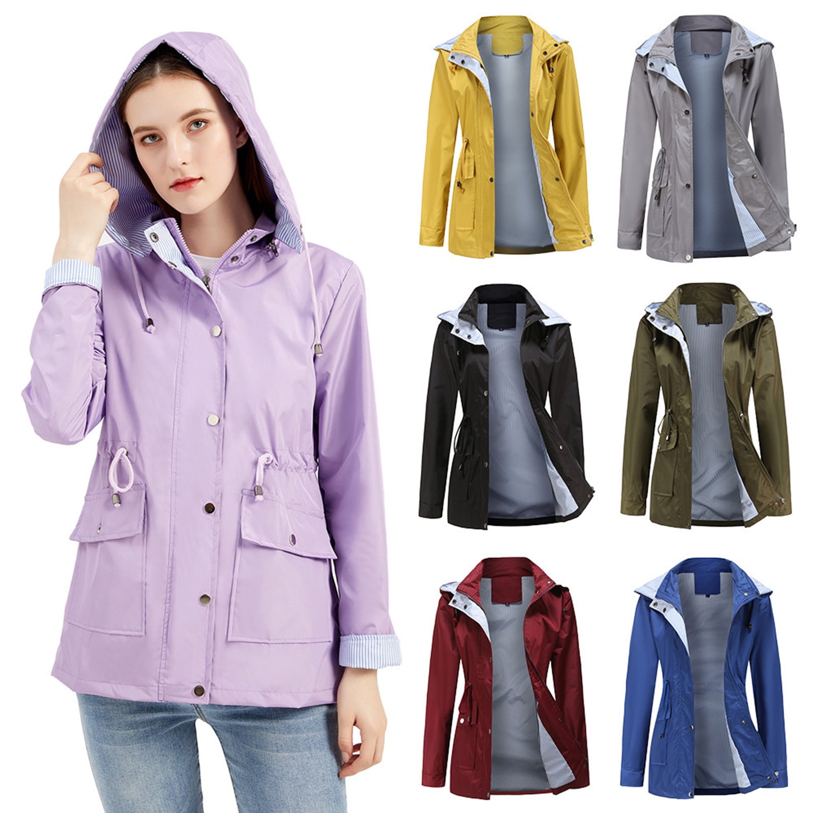 Rain Coat for Women Waterproof With Removable Hood Lightweight Fall Winter Rain Jacket Outdoor ...