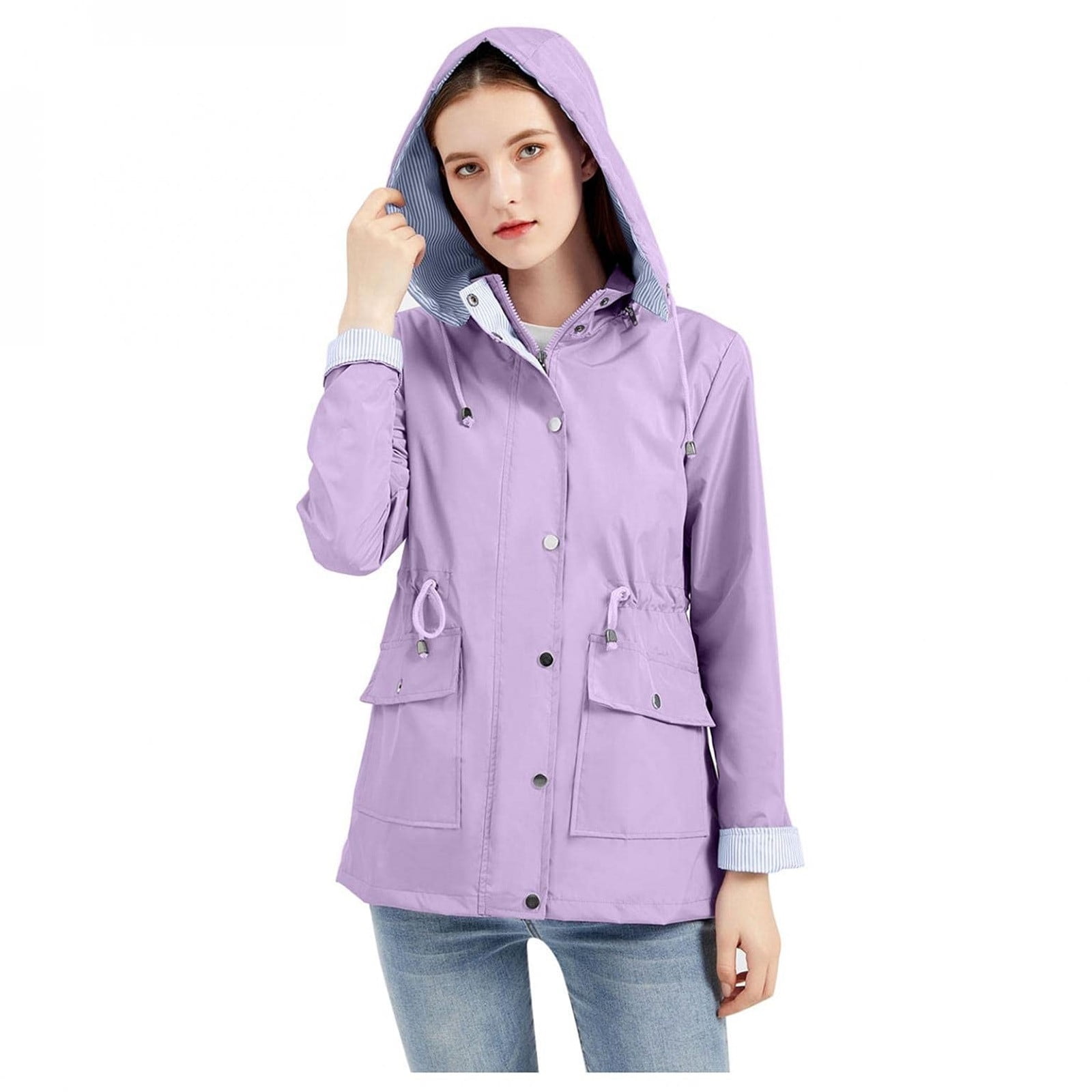 Rain Coat for Women Waterproof With Removable Hood Lightweight Fall ...