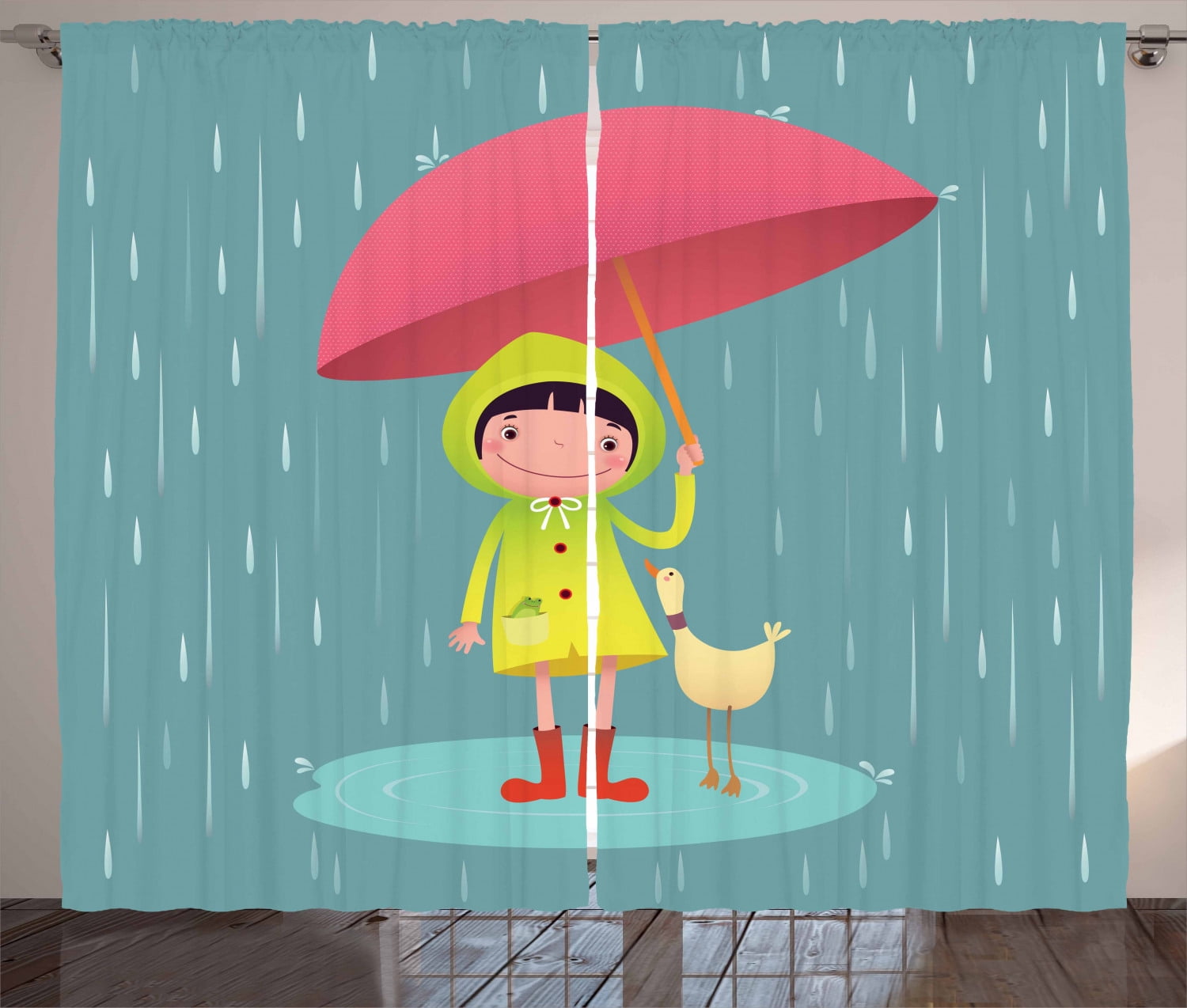 Ambesonne Rain Curtains 2 Panel Set, Girl with Duck Friend, 108" x 63 ...