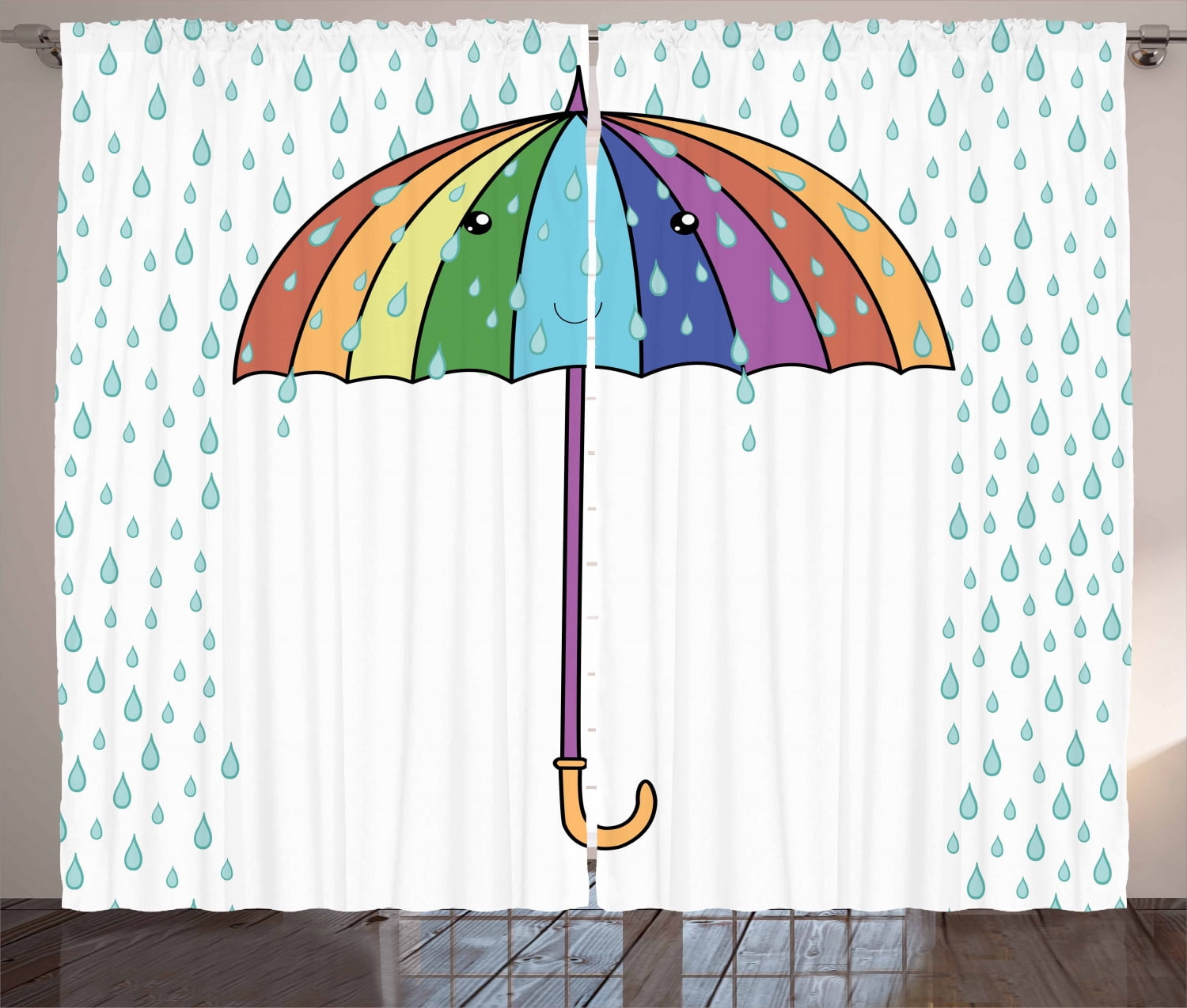 Ambesonne Rain Curtains 2 Panel Set, Cartoon Umbrella Rainfall, 108" x ...