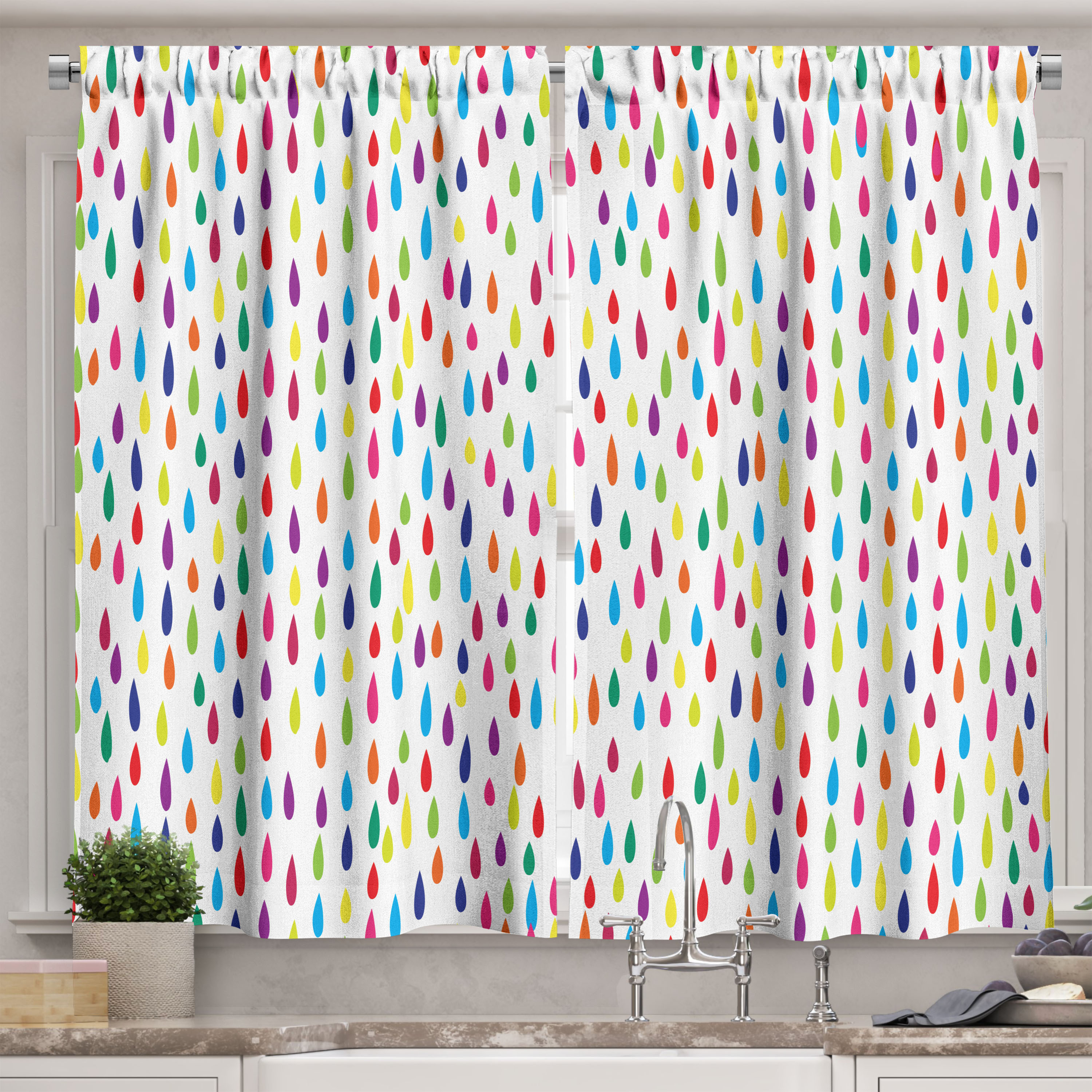 Rain Curtains 2 Panels Set, Rainbow Colors of Stylized Raindrop Pattern ...