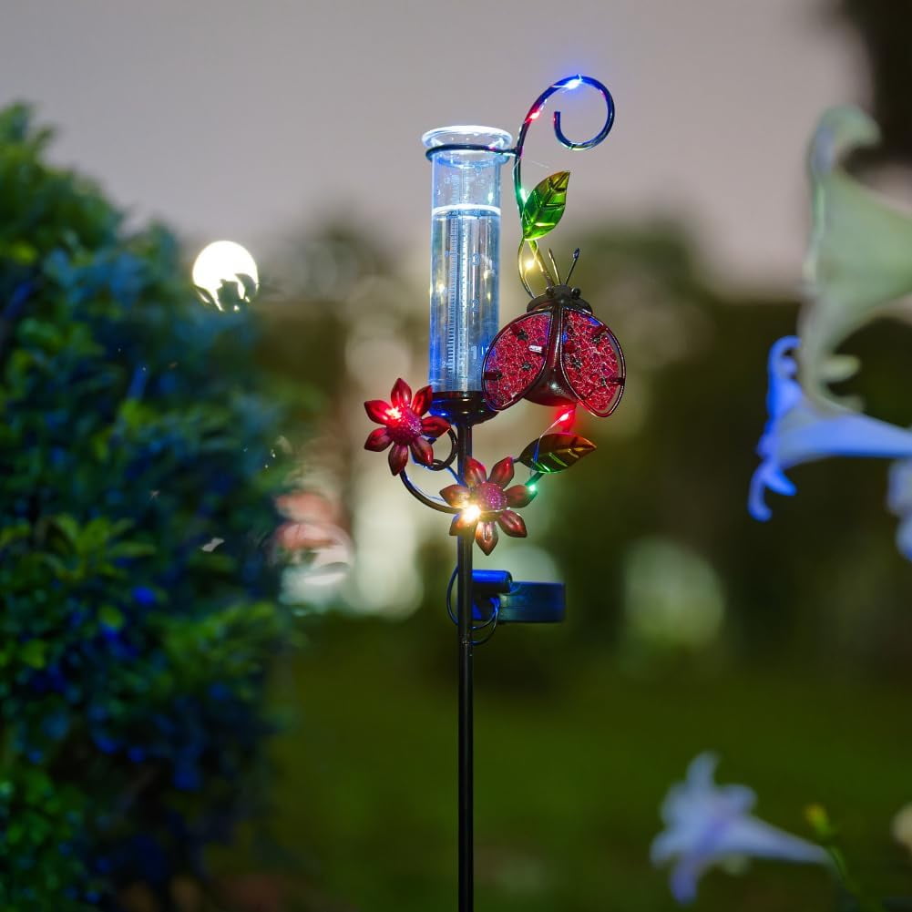 Rain Gauge Outdoor, Metal Ladybird Rain Gauge, Solar LED Lights Rain ...