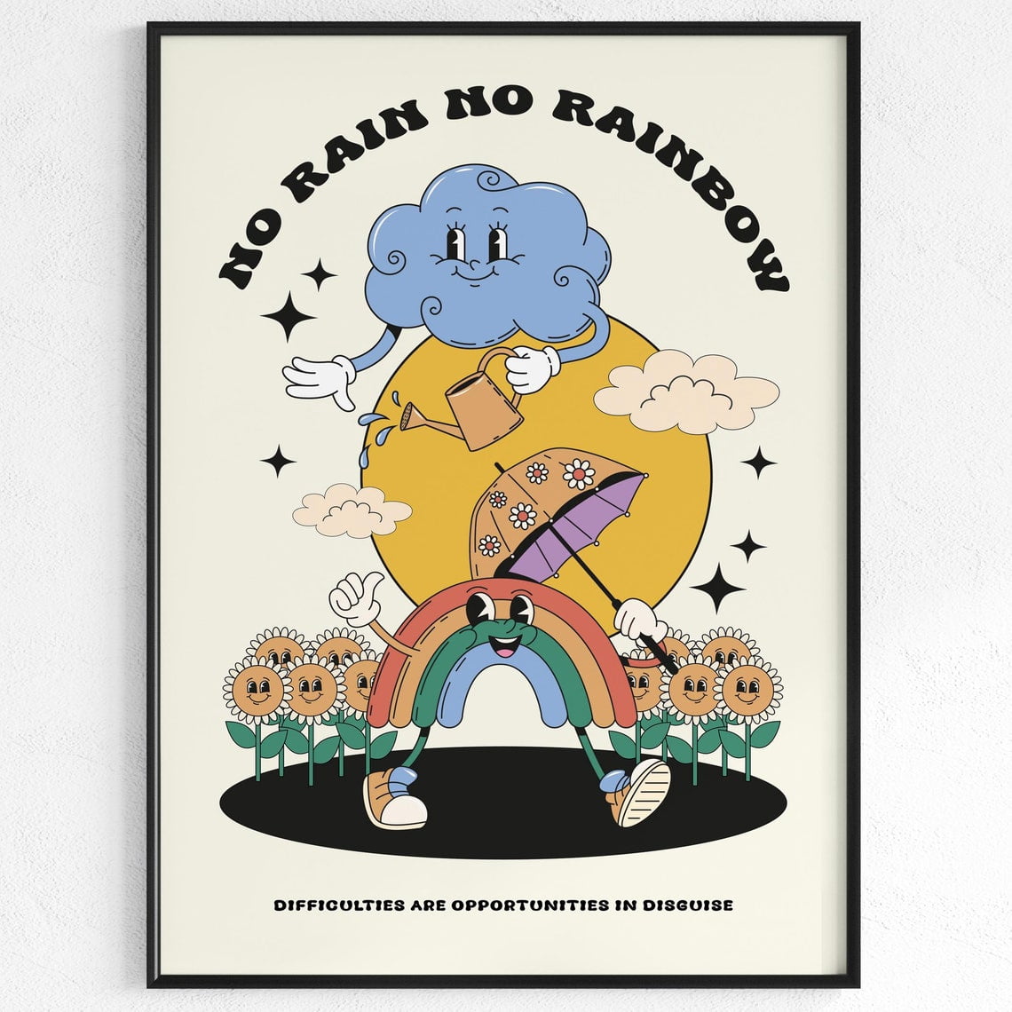No Rain No Rainbow Poster, Retro Motivation Poster Home Office, School ...