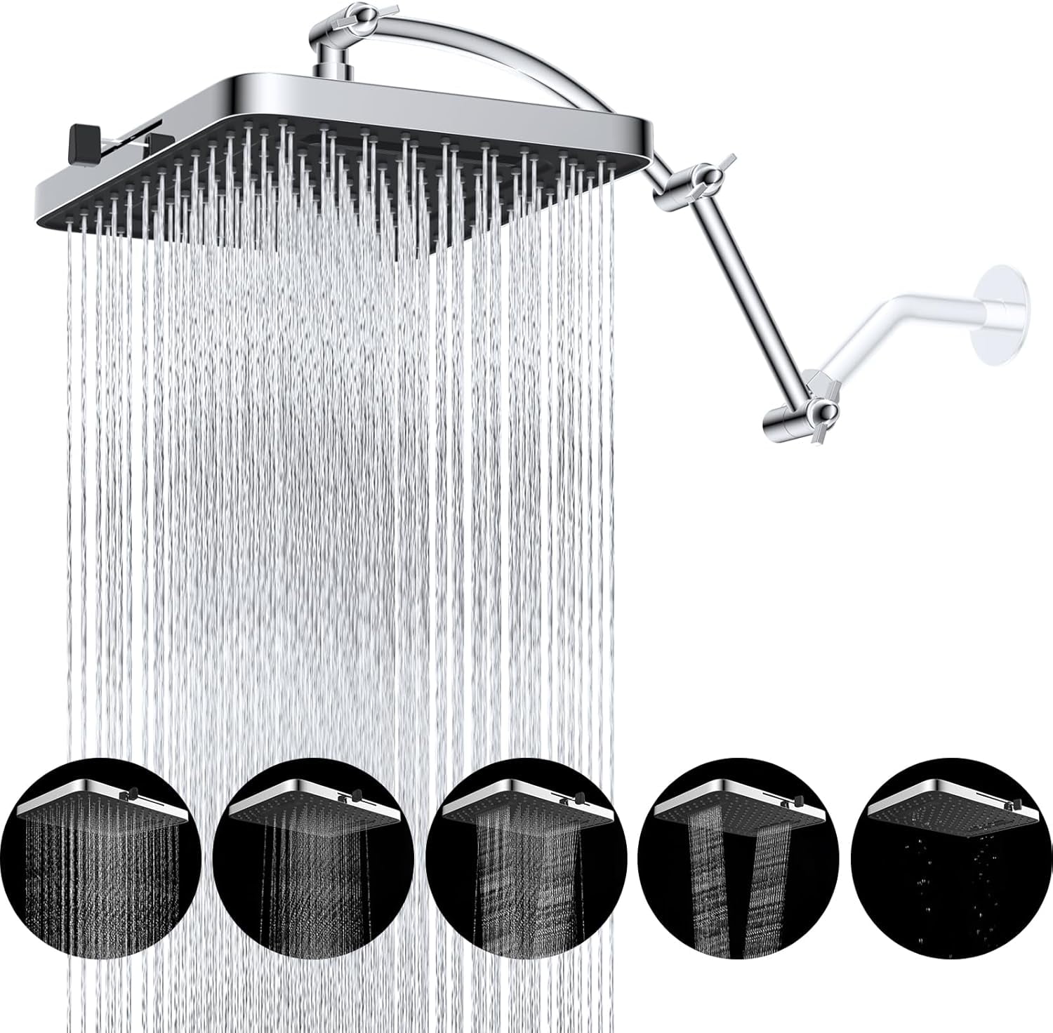 Rain Shower Head, 13'' High Pressure Rainfall Square 5 Spray Mode ...