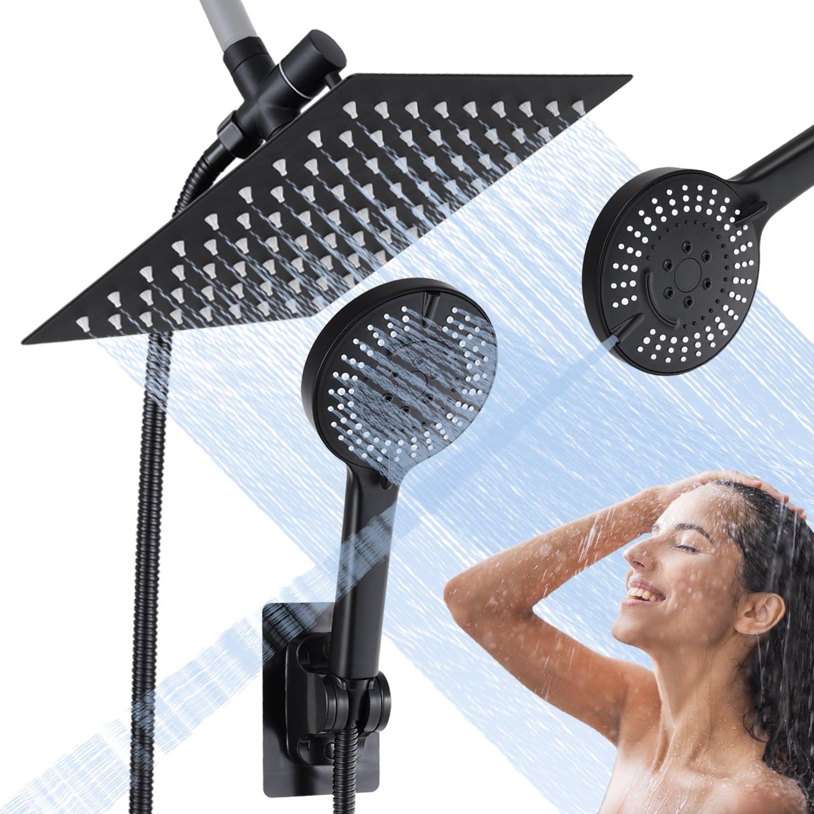 Rain Shower Head with Handheld Spray, Black Rainfall Square Shower Head ...