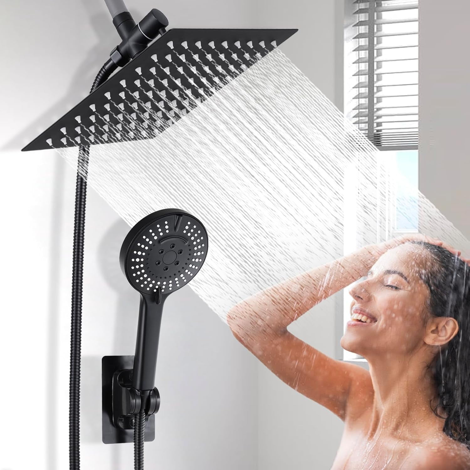 Rain Shower Head with Handheld Spray, Black Rainfall Square Shower Head ...
