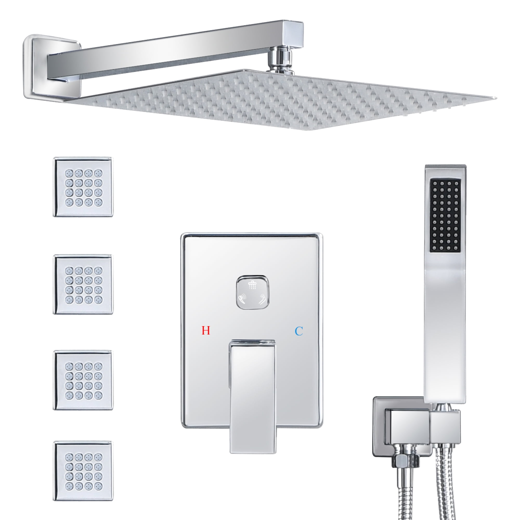 Rain Shower System with 4 Body Shower Spray Jets & Wall Mount 12 ...