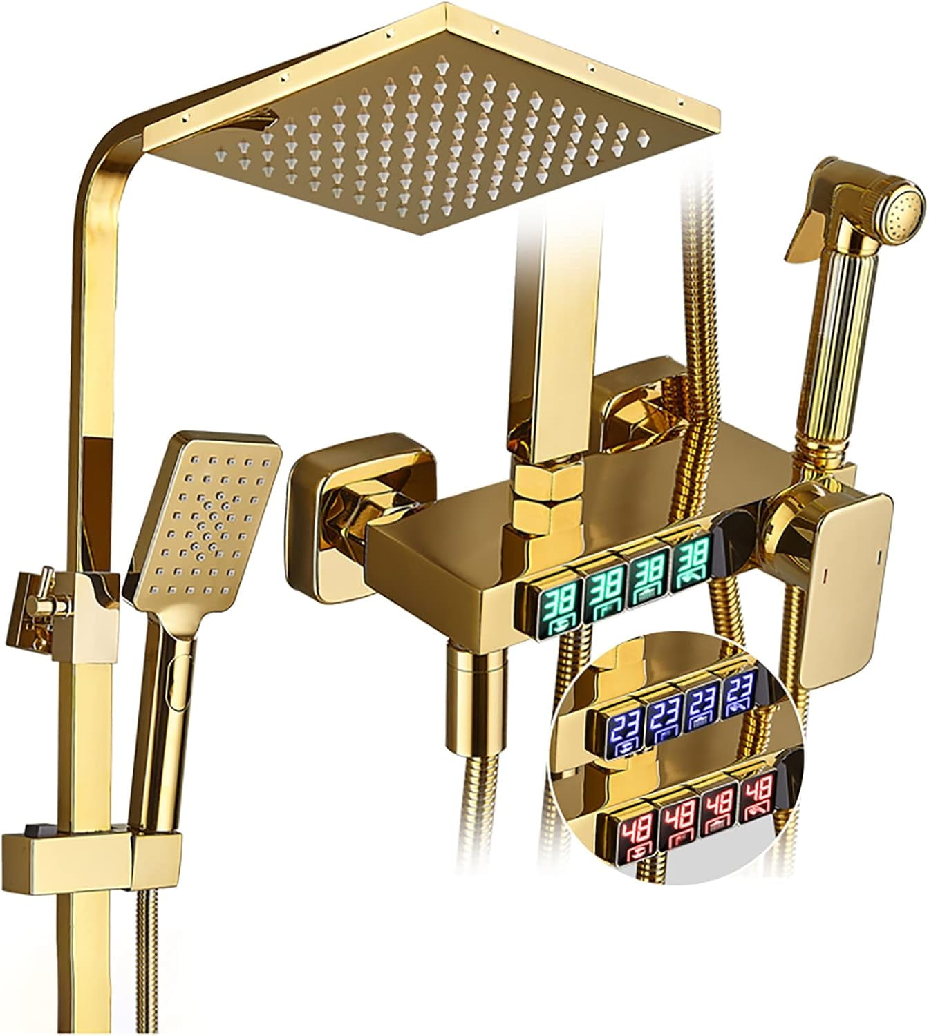Rain Shower System Gold 8 Inch LED Digital Display Shower Faucet Set ...