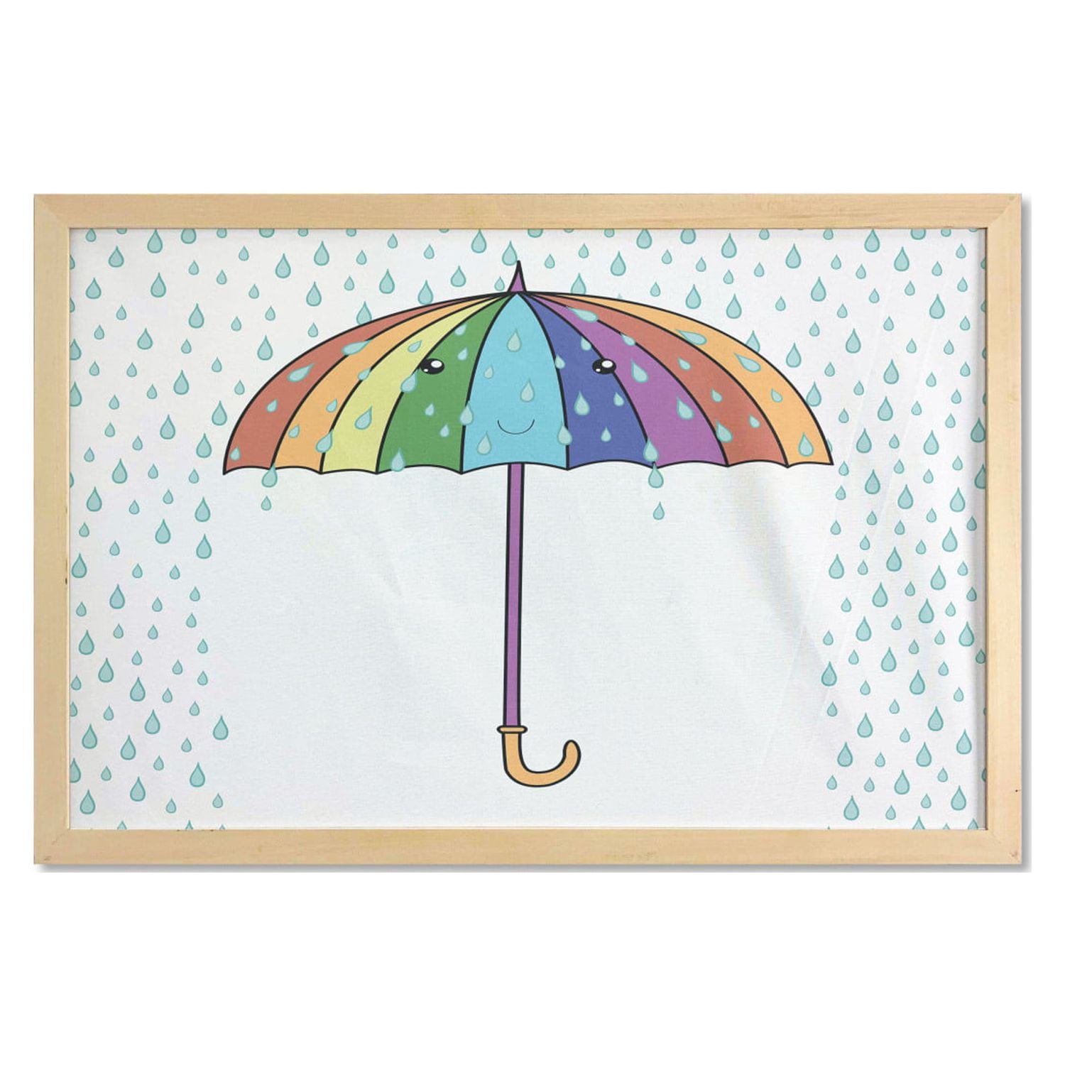 Rain Wall Art with Frame, Joyful Autumn Season Theme Cartoon Umbrella ...