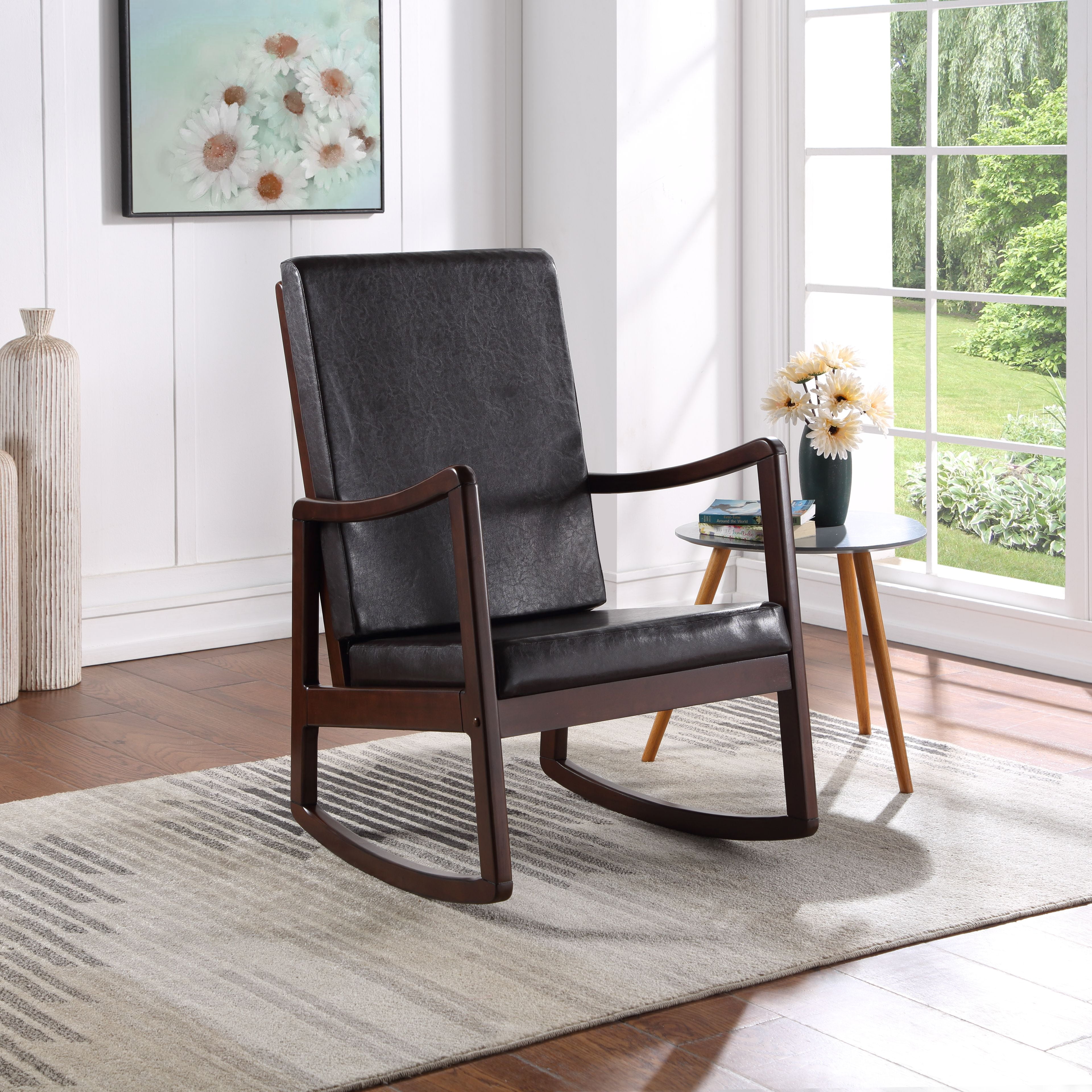 Raina Dark Brown Synthenic Leather & Espresso Finish Rocking Chair,Dark ...