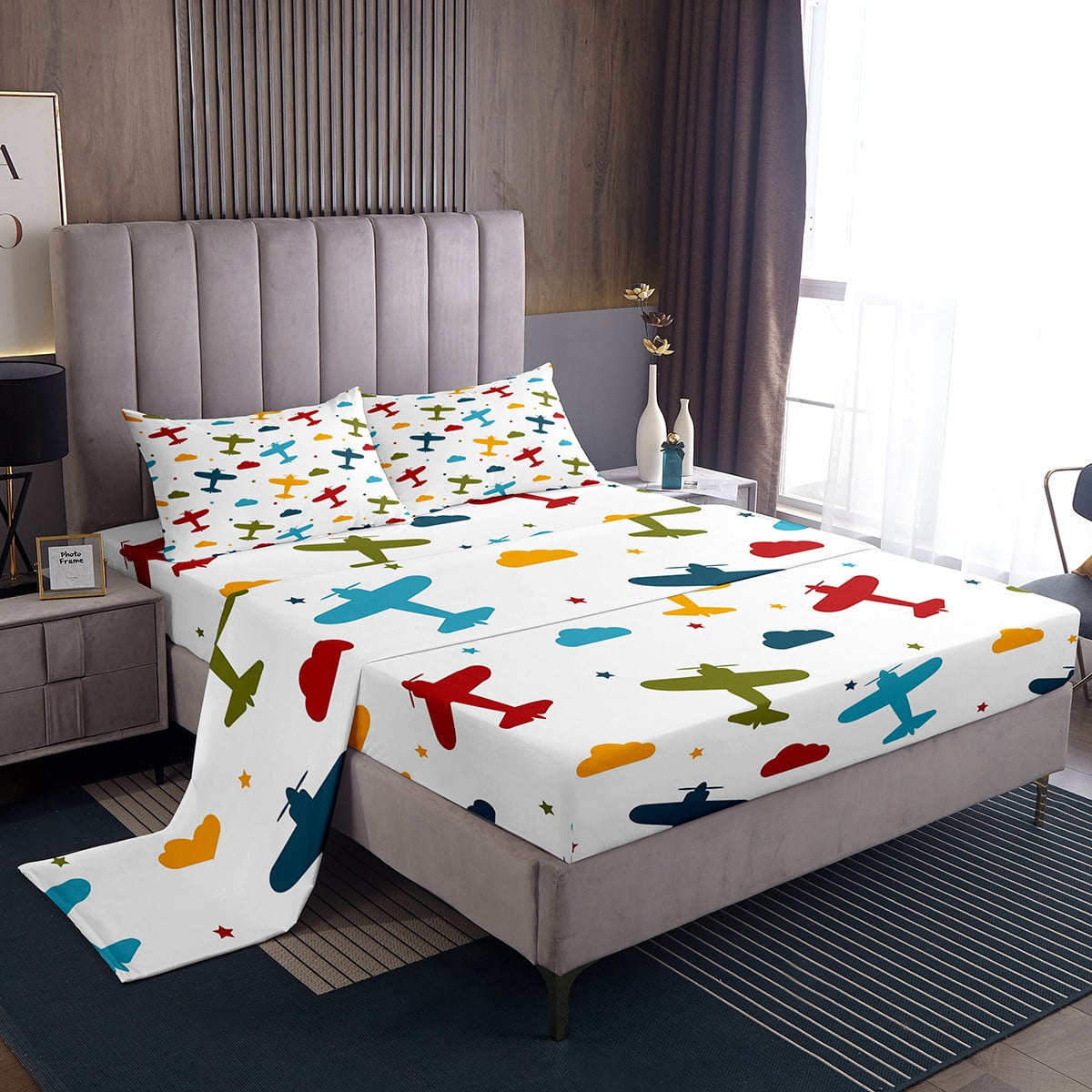 Rainbow Aircraft Queen Sheet Set,Watercolor Airplane Sheets Multicolor ...
