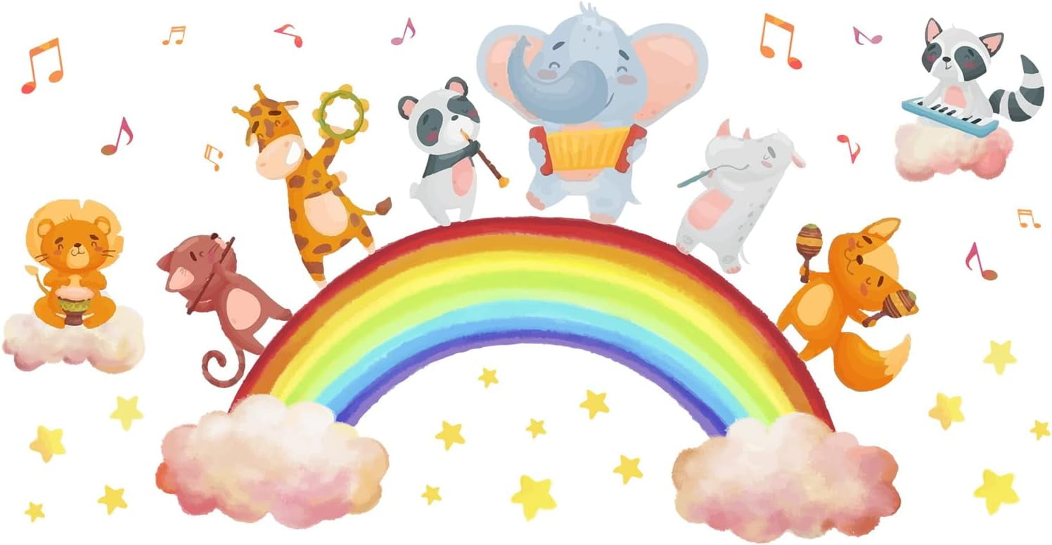 Rainbow and Animal Kids Wall Stickers Stars Elephant Wall Decals Peel ...
