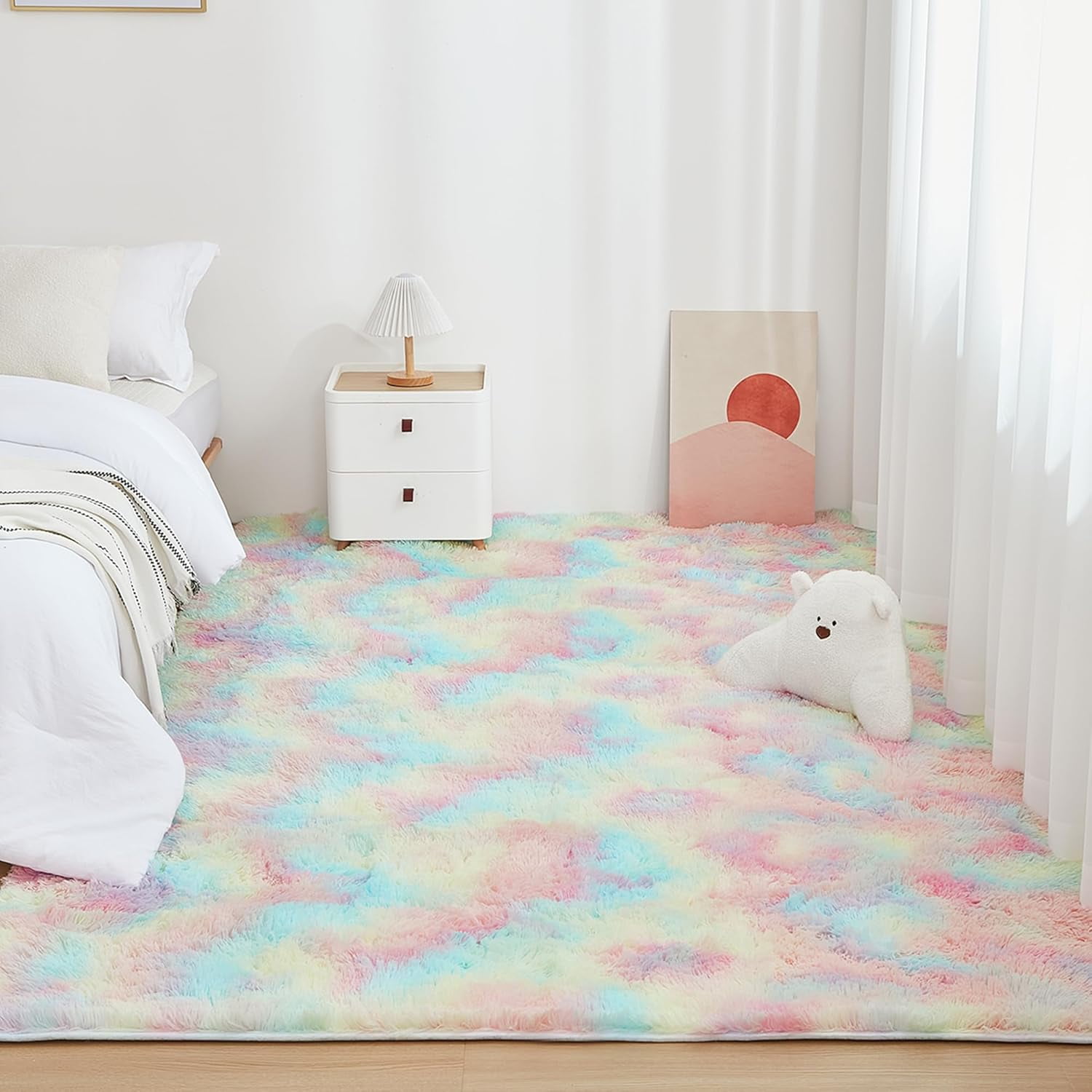 Rainbow Area Rug for Girls Bedroom, Fluffy Tie-Dyed Colorful Plush Shag ...