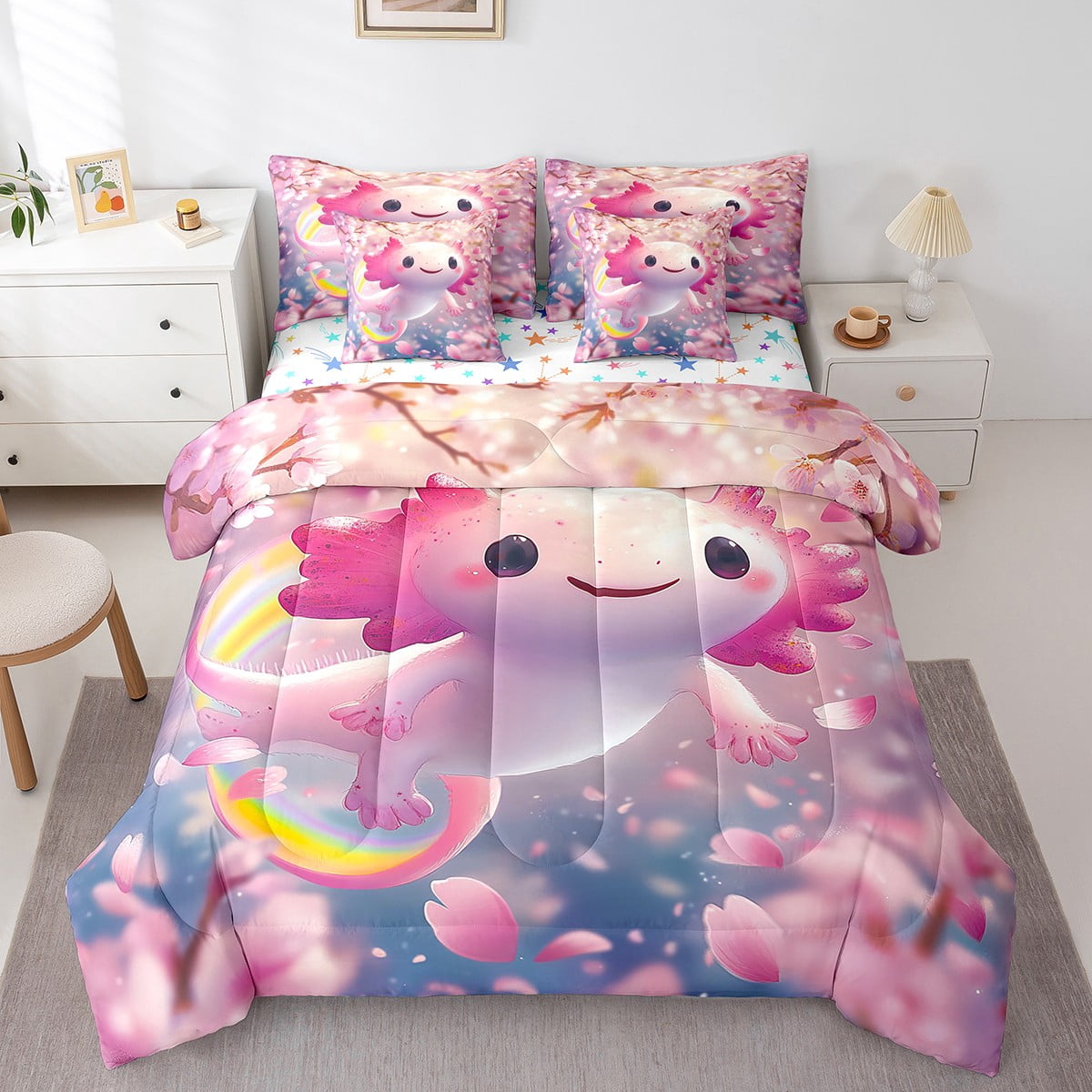 Rainbow Axolotl Bed In A Bag Pink Cherry Blossom King Size Bedding Set ...