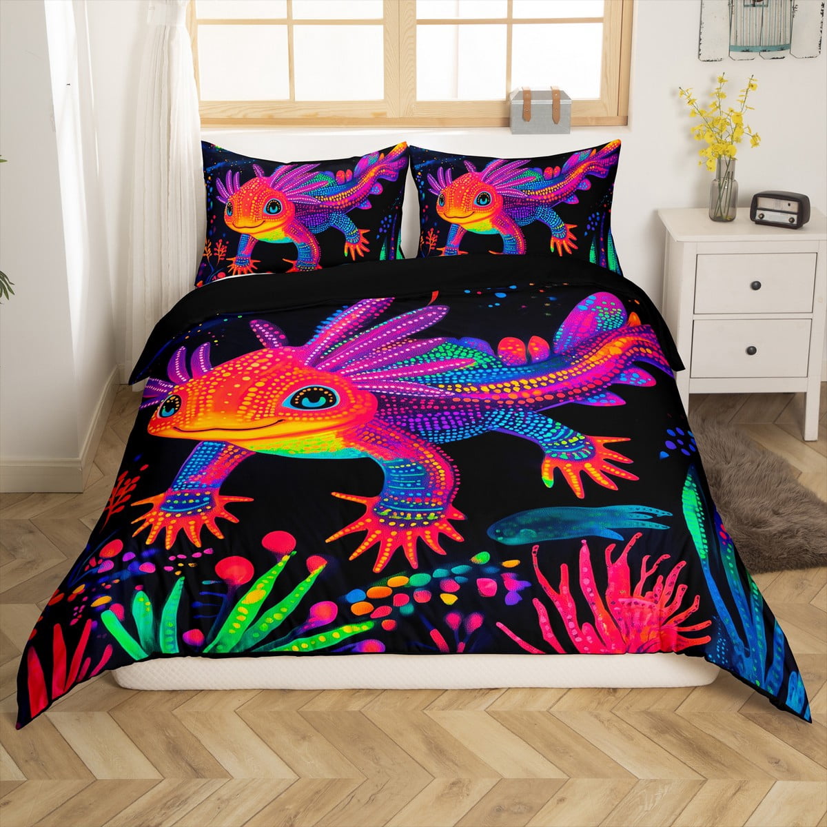Rainbow Axolotl Duvet Cover,Cute Animal Axolotl Bedding Set Underwater ...