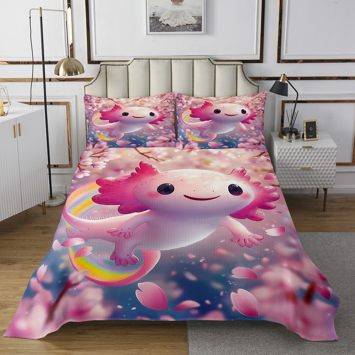 Rainbow Axolotl Quilt Set Pink Cherry Blossom King Size Bedspread Set ...
