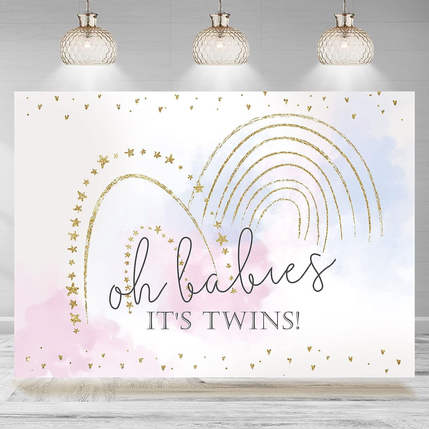 Rainbow Baby Shower Backdrop Oh Babies It's Twins Pink and Blue Boy and ...