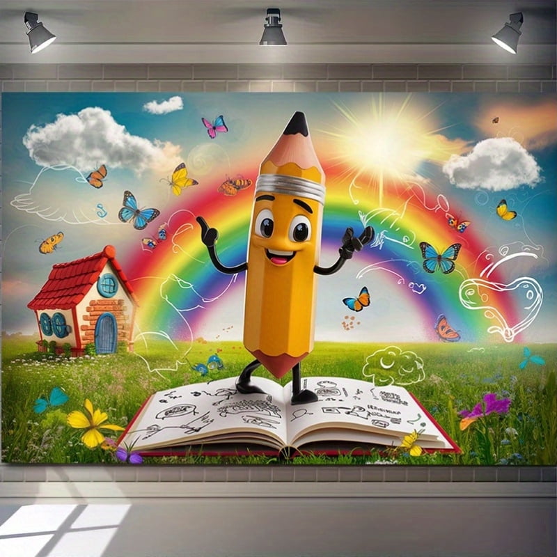 Rainbow Back to School Backdrop Green Grass Blue Sky Classroom ...