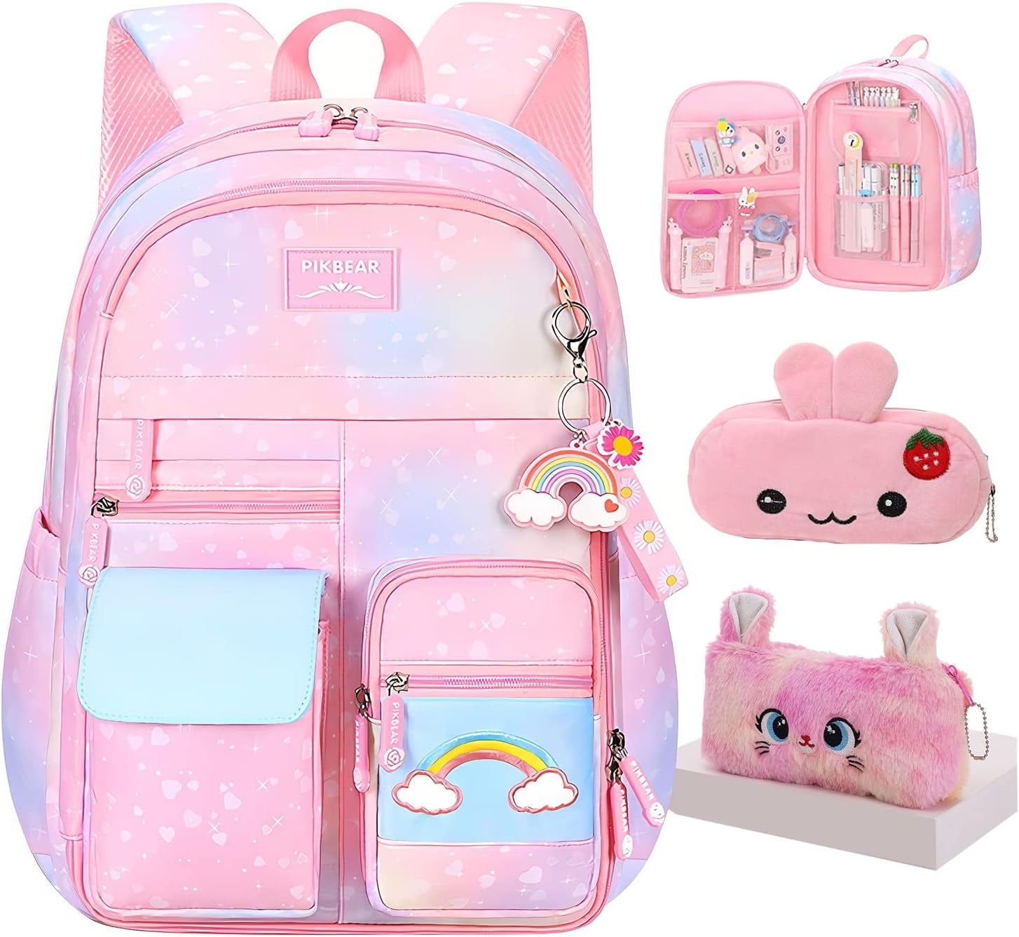 Rainbow Backpack, Cute Backpack With Pen Bag,Pink Aesthetic Starry ...