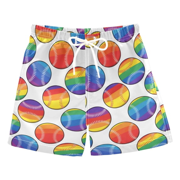 Rainbow Baseball White Background Pattern Swim Trunks Quick Dry Beach ...