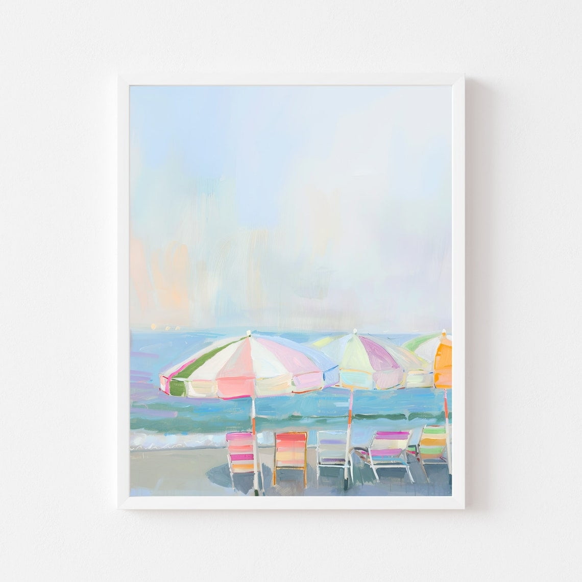 Rainbow Beach Umbrella Painting Girly Coastal House Wall Art Print ...