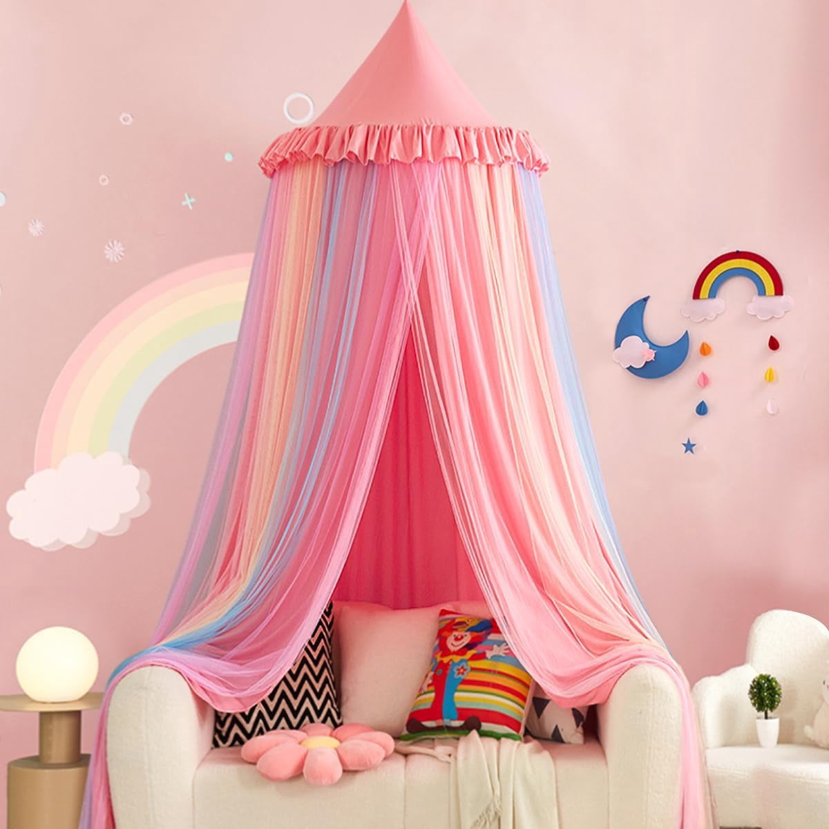 Rainbow Bed Canopy for Girls Dreamy Mosquito Net for Bed Round Dome ...