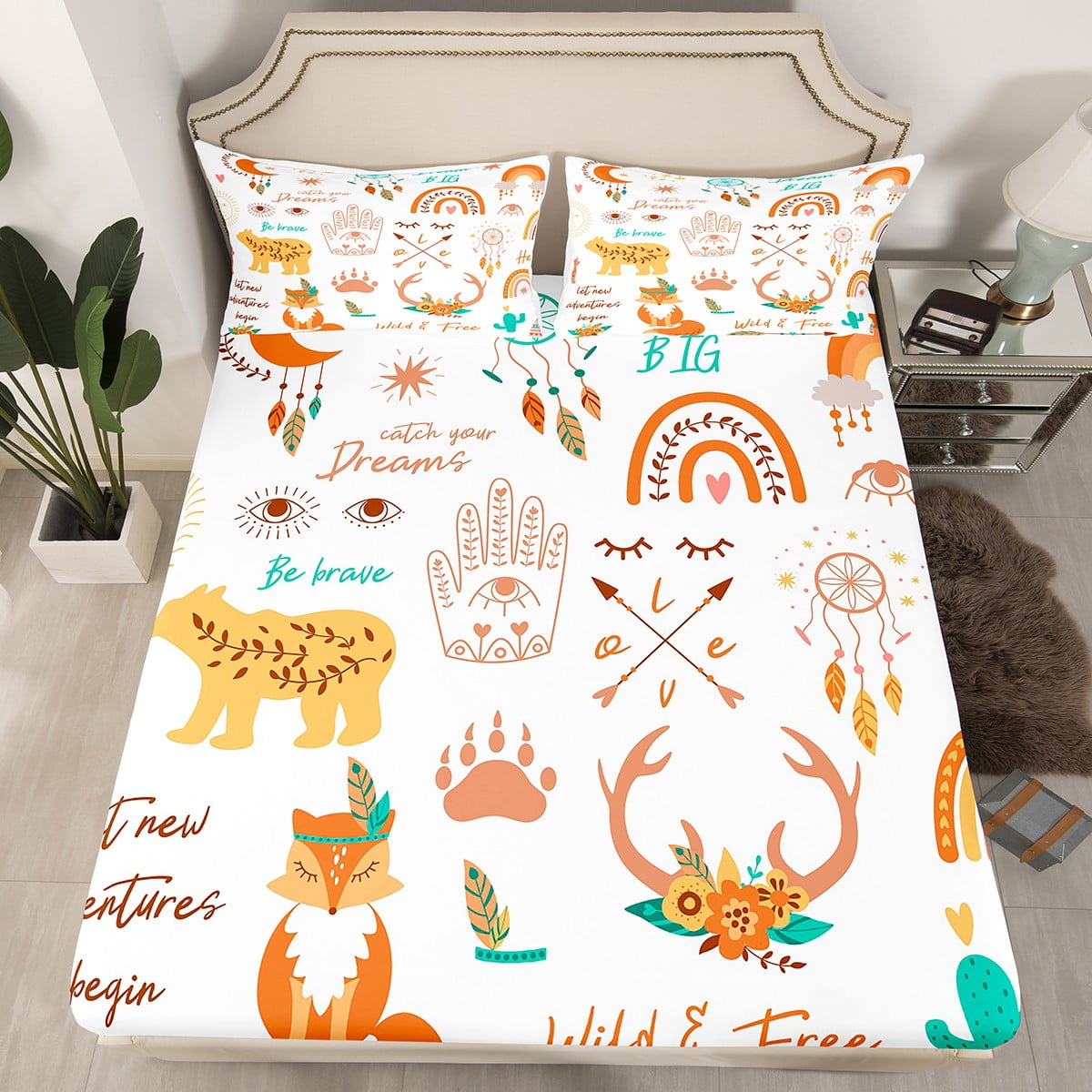 Rainbow Bed Sheets Bohemian Bedding Set,Bear Deer Antler Arrow Fitted ...
